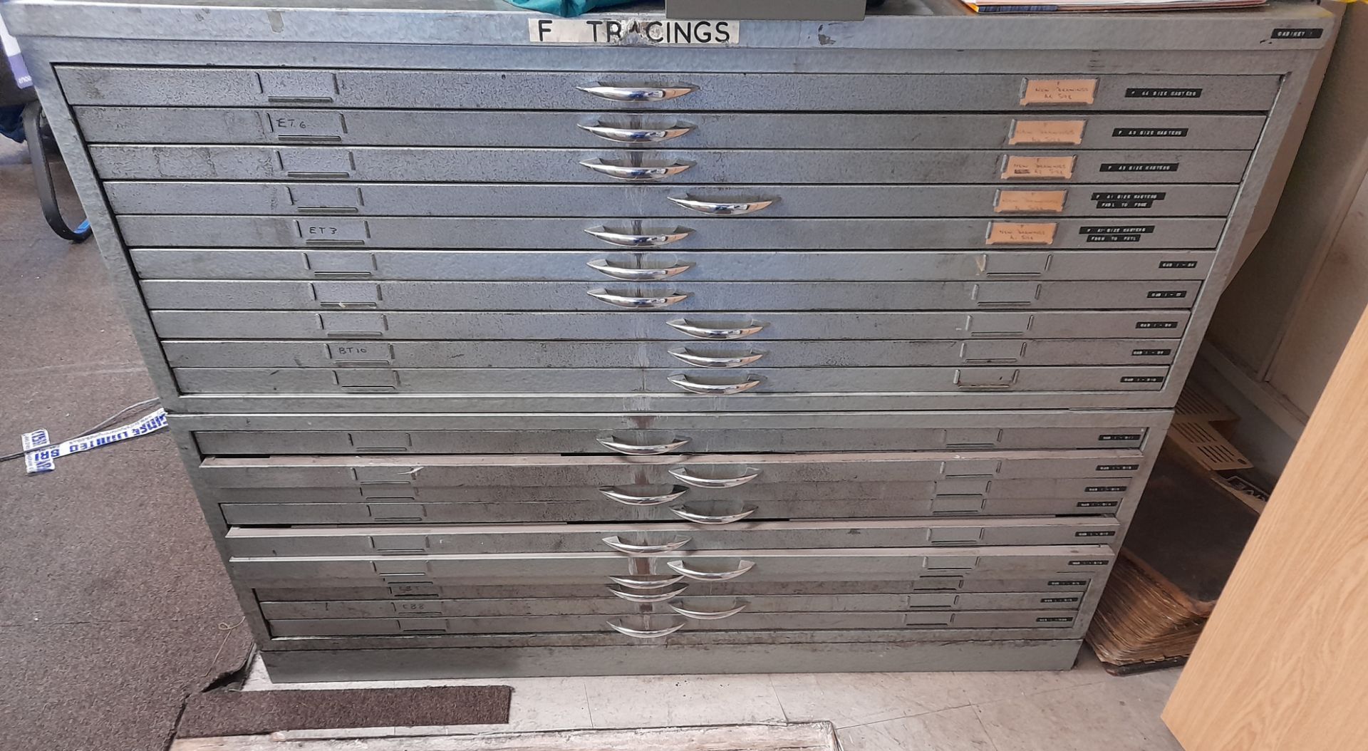 2 x Metal 10 drawer plan chests to first floor office