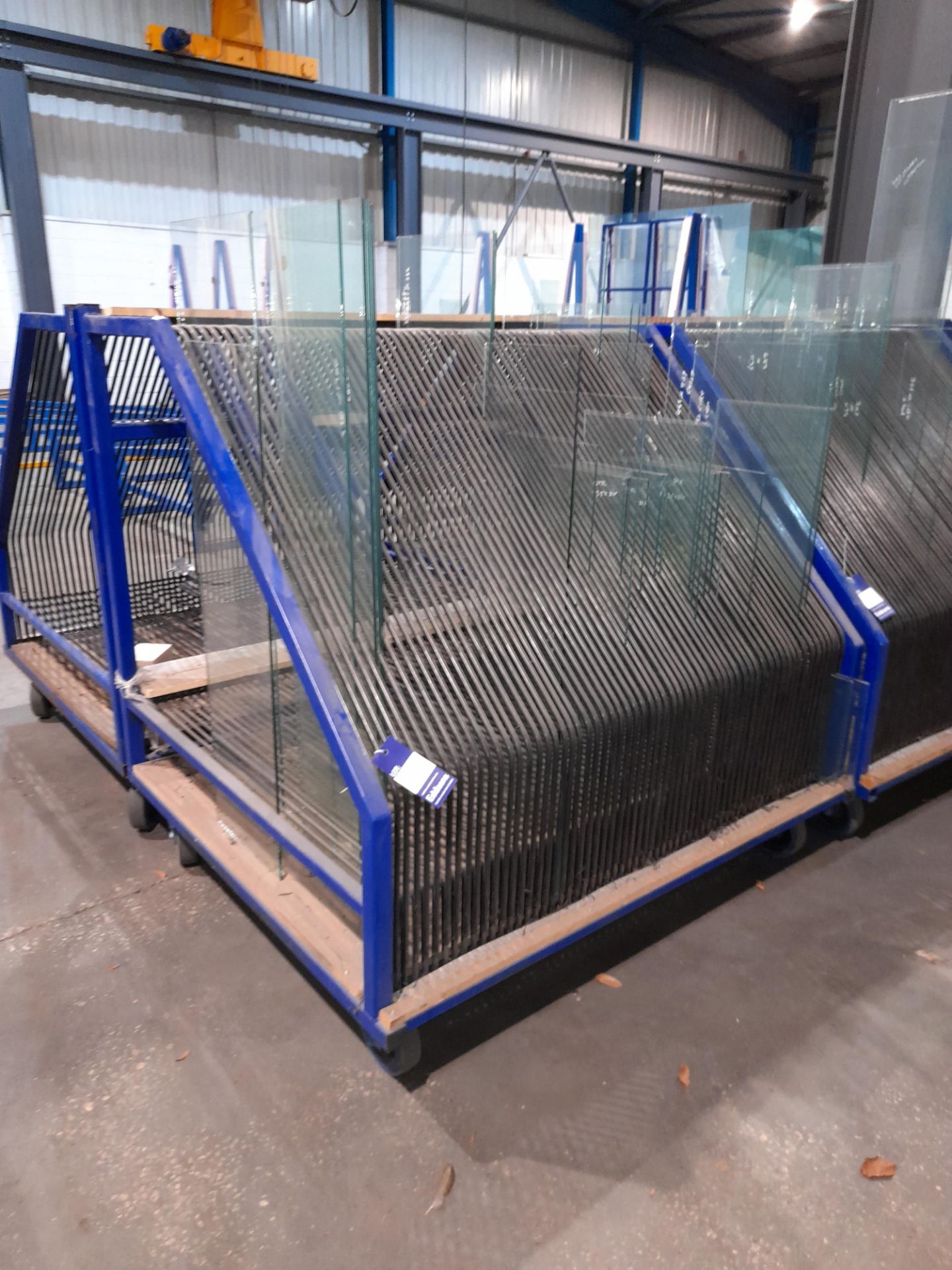 2 x Mobile glass sheet stock trolleys, with contents (Buyer must ...