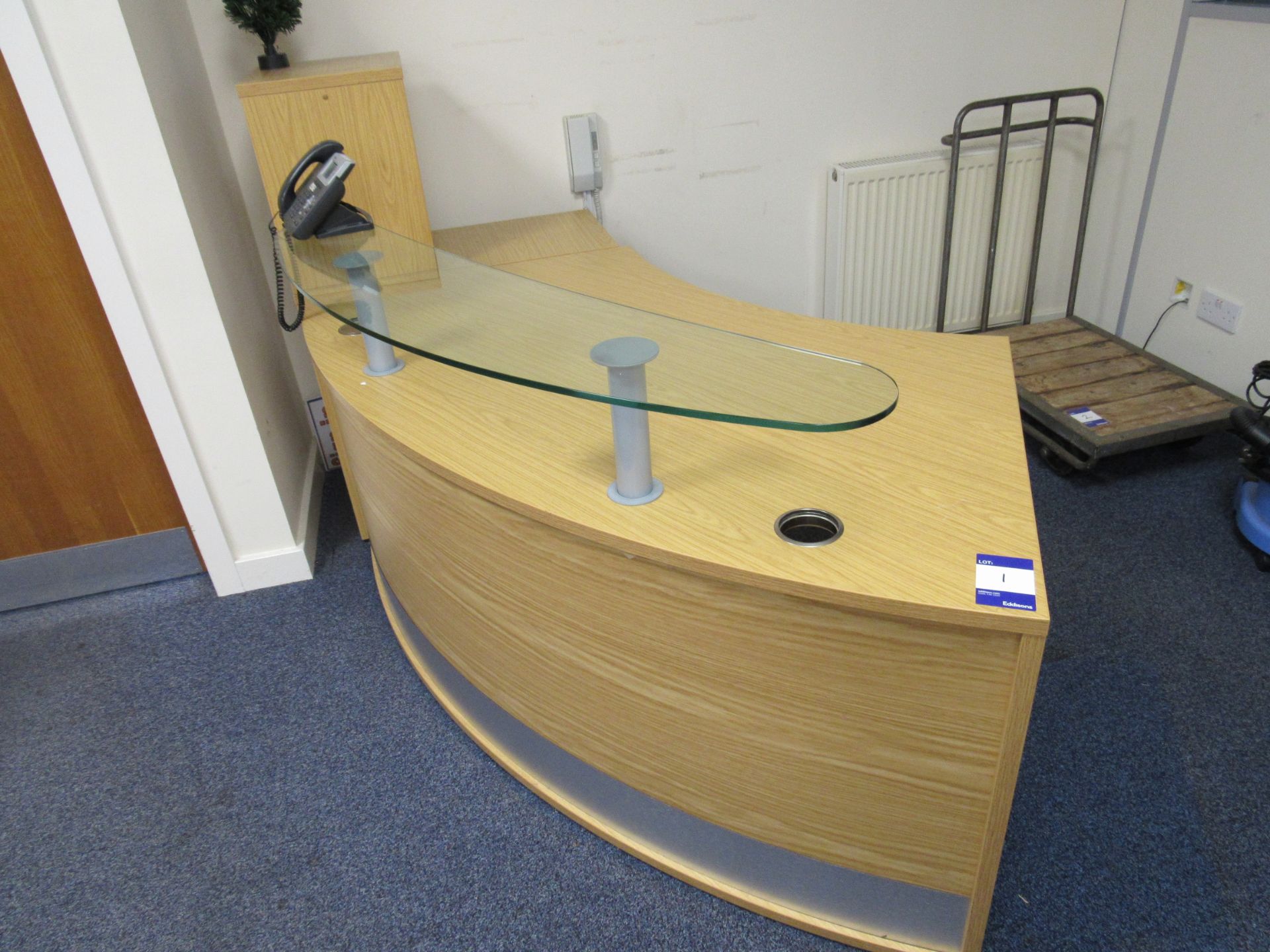 Curved reception desk with glass shelf to include 3 drawer office unit ...