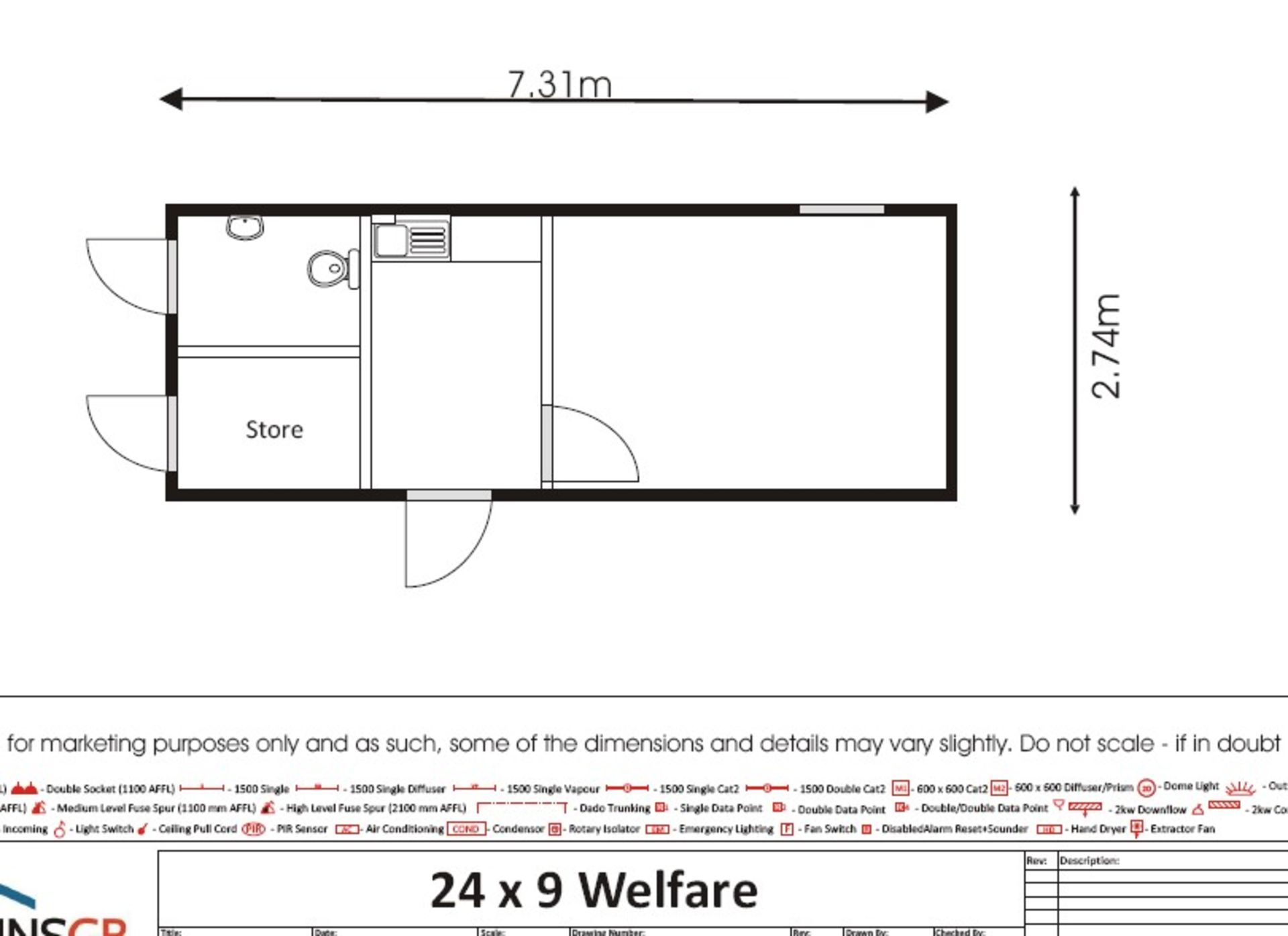 24ft x 9ft Welfare cabin, 7.31m x 2.74m, Office area, Kitchen, Store ...
