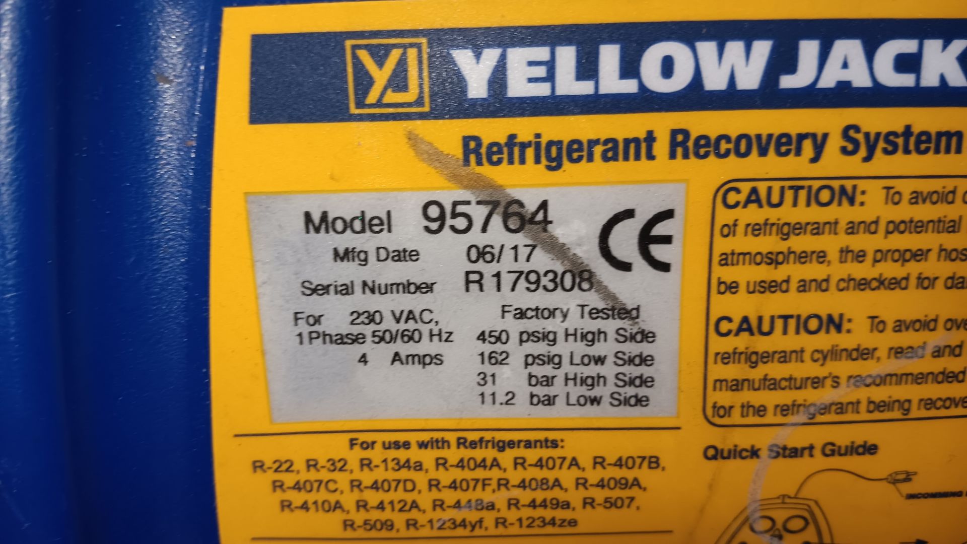 Yellow Jacket 95764 Refrigerant Recovery Unit, Serial Number R179308 ...