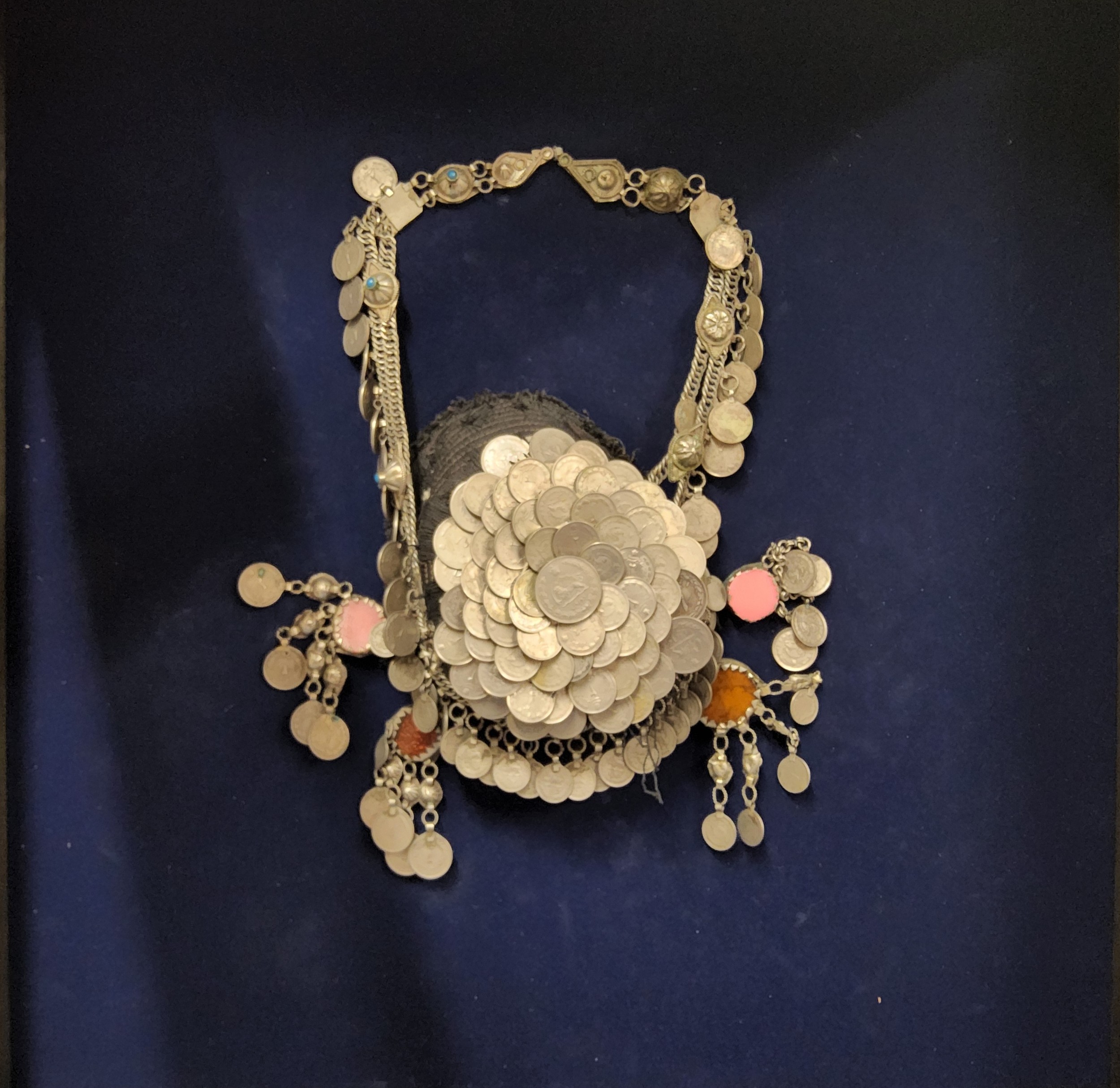 A Middle Eastern shatweh (married woman’s headdress), adorned with ...
