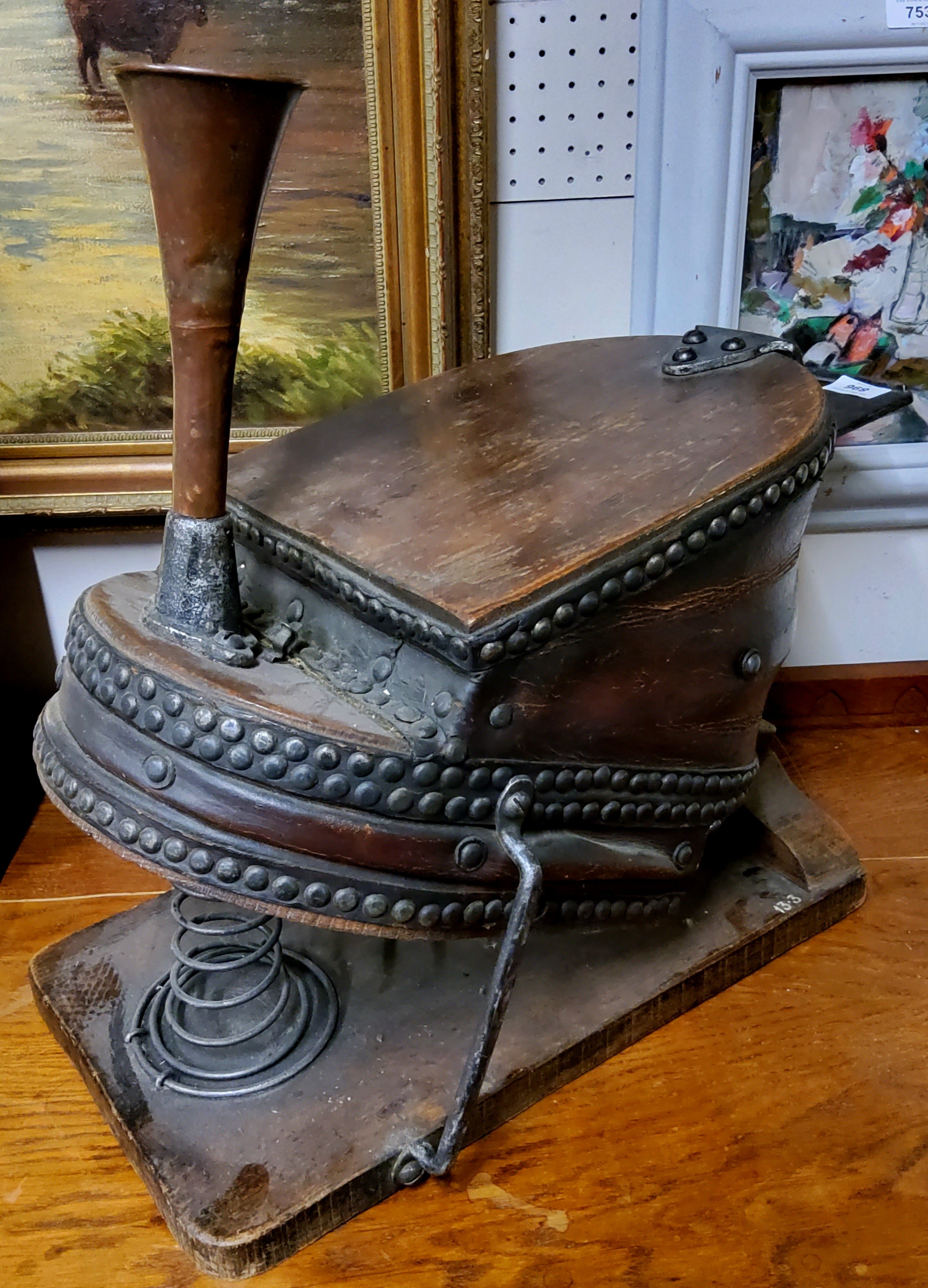 A set of early 20th century foot bellow air pump, now with copper horn ...