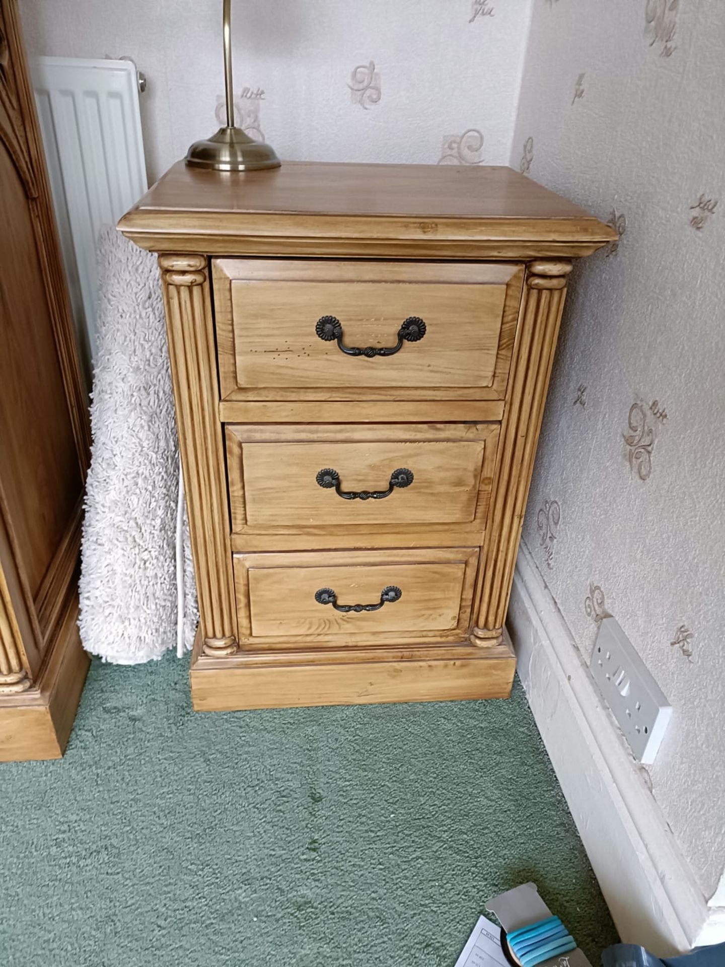 8 piece Gothic style pine bedroom suite, including wardrobe, wall ...