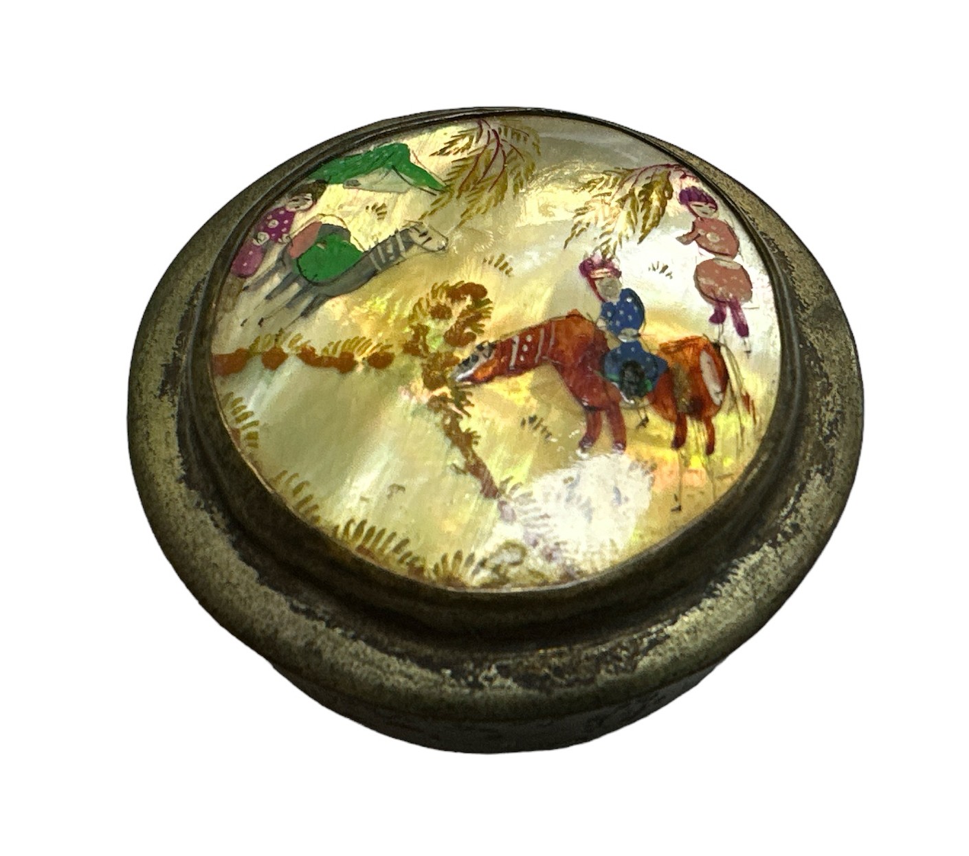 19th Century Persian round pill box, the lid inset with a mother-of ...