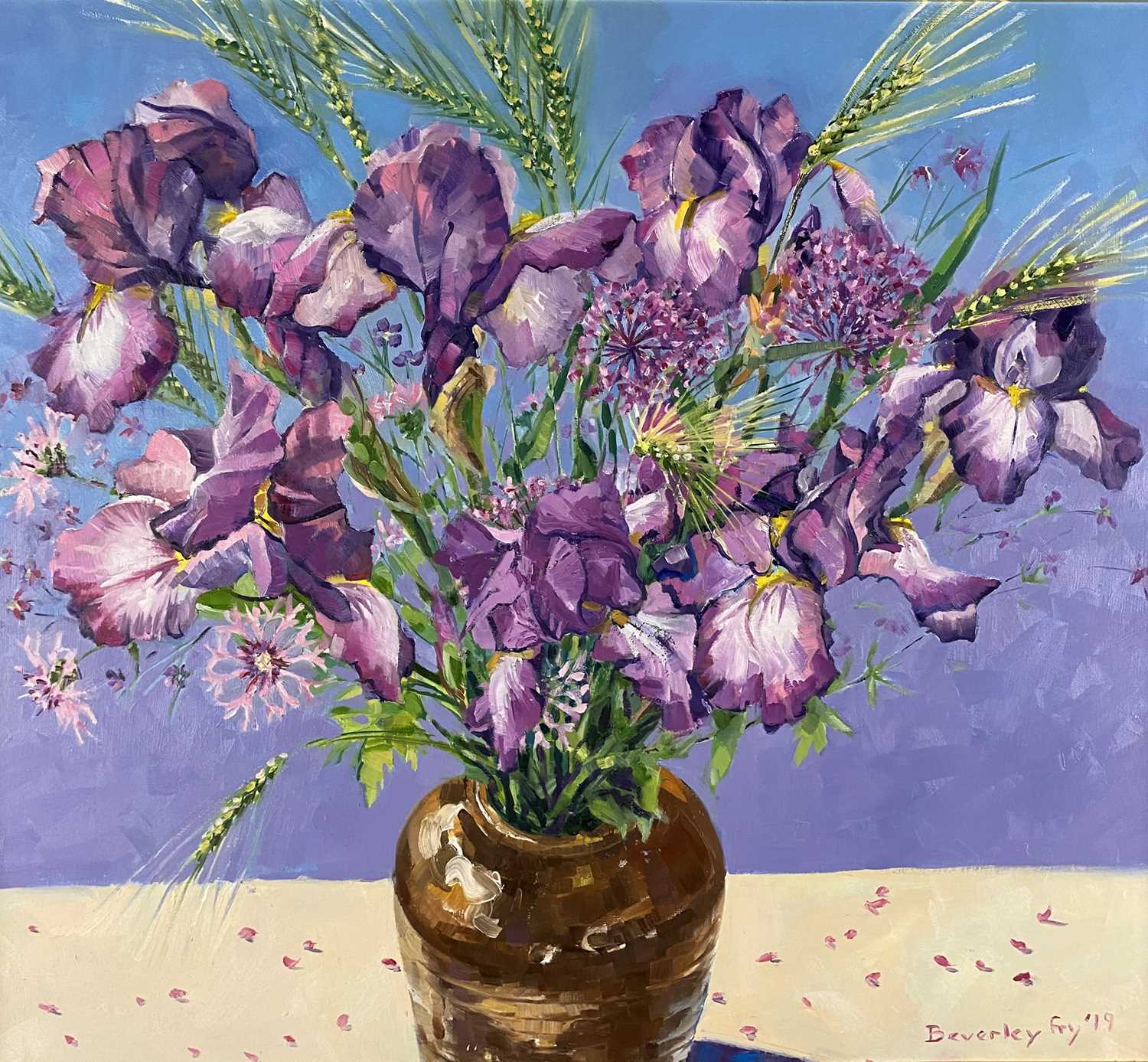 Beverley Fry (b.1948) Purple Iris in a French Pot, signed and dated '19 ...