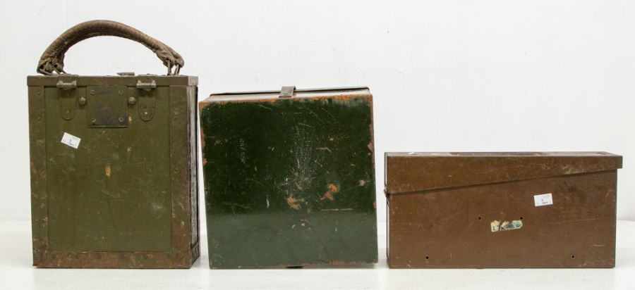 A British Army Five Man ration box, metal construction with leather ...