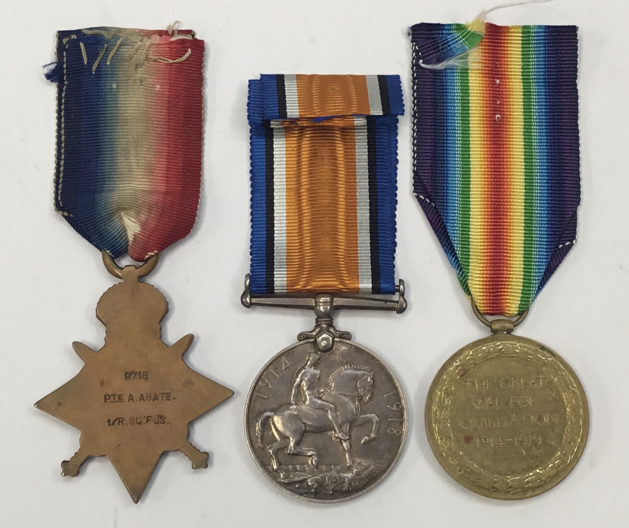 A WW1 1914 Star trio, awarded 9718 Pte / Sjt Alfred M. Agate of the ...