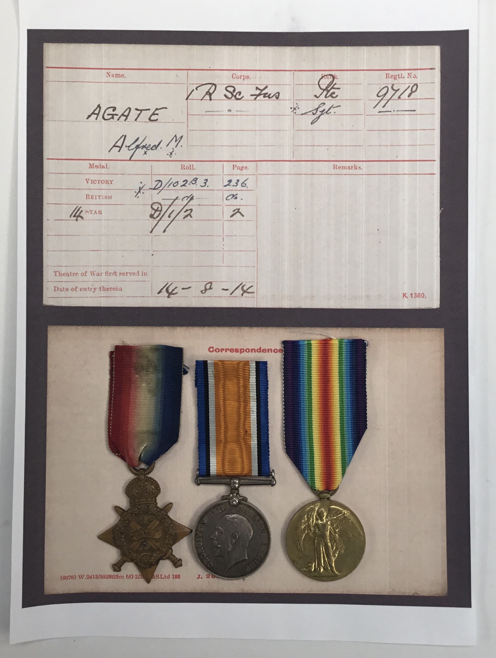 A WW1 1914 Star trio, awarded 9718 Pte / Sjt Alfred M. Agate of the ...