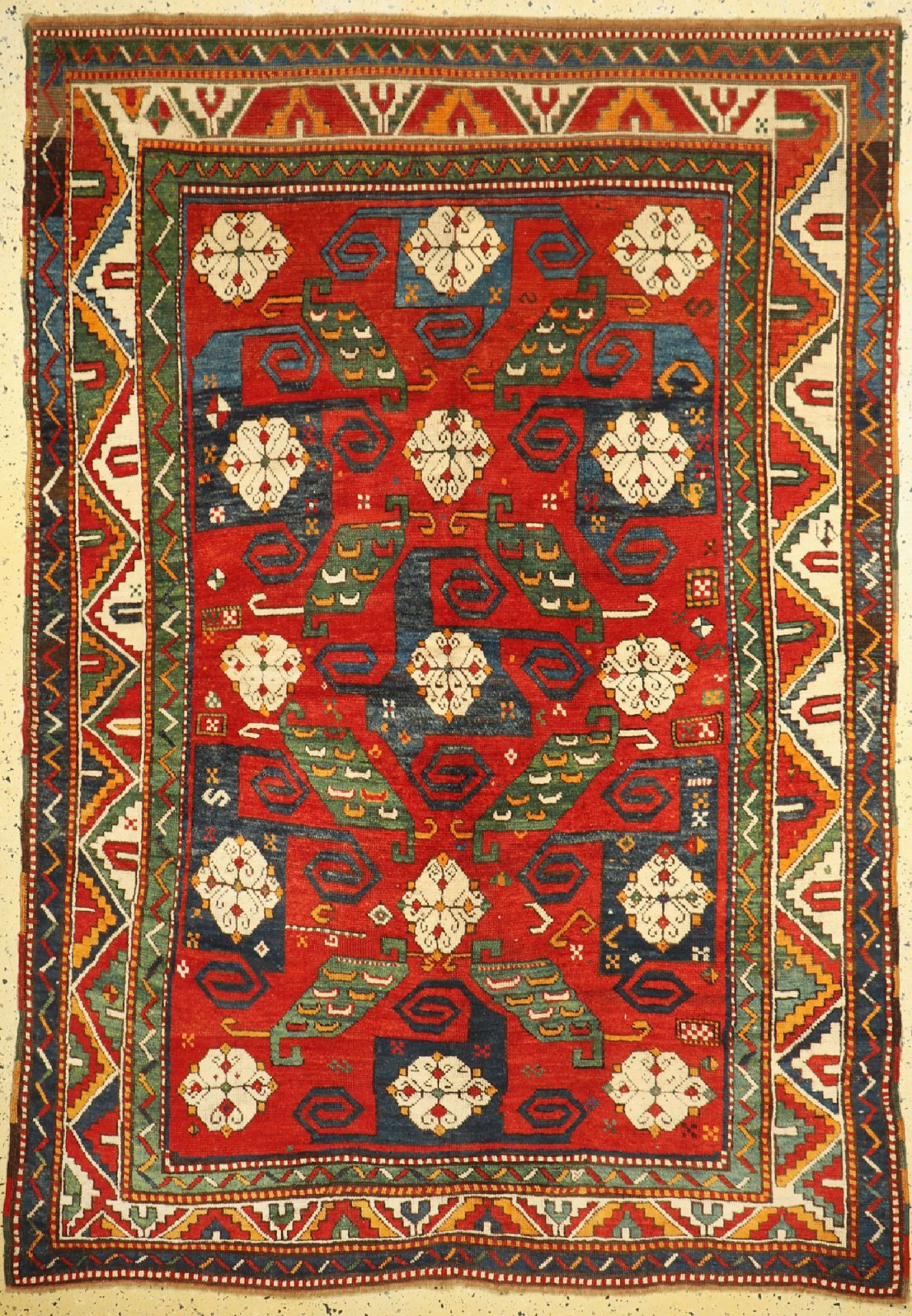 Pinwheel Kazak antik, 'Swastika', Kaukasus,19.Jhd, Wolle geknüpft auf ...