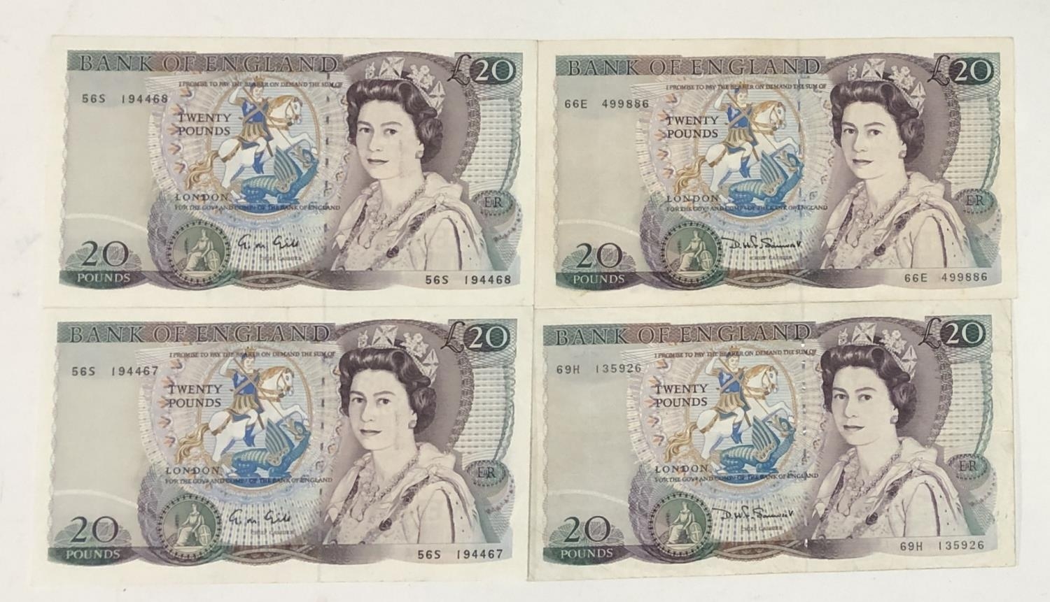 Four Elizabeth II twenty pound notes to include a consecutive pair ...