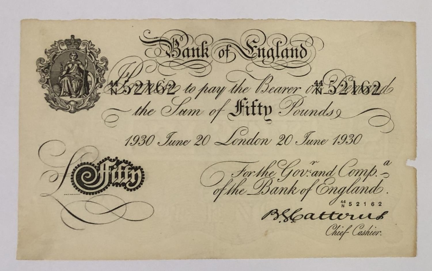 A Bank of England five pound note, 1930, B G Catterns, 44N 52162