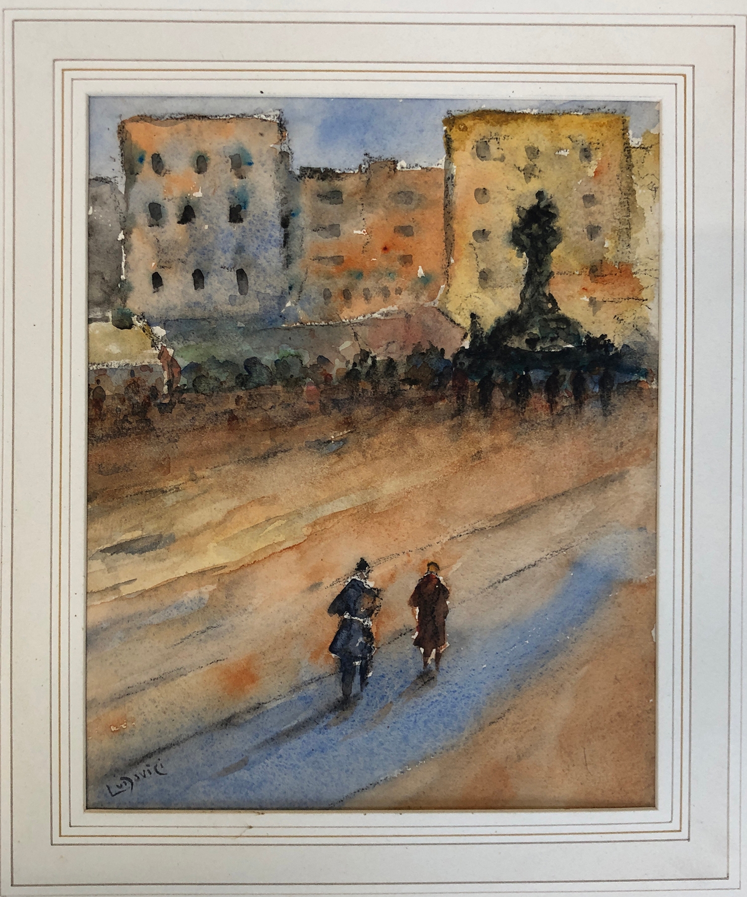 Albert Ludovici (b.1852), watercolour of two figures with buildings in ...