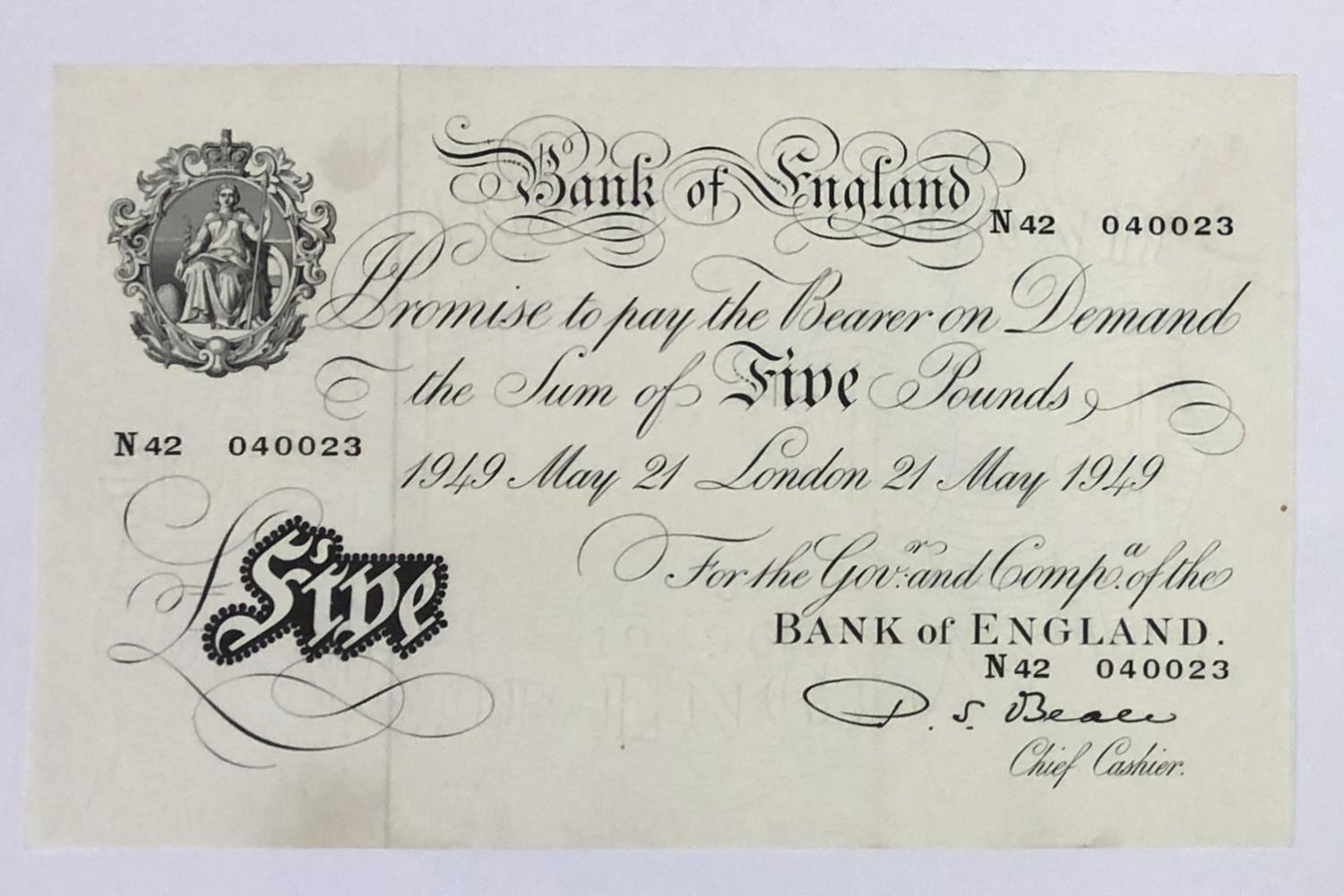 A Bank of England five pound note, 1949, P S Beale, N42 040023