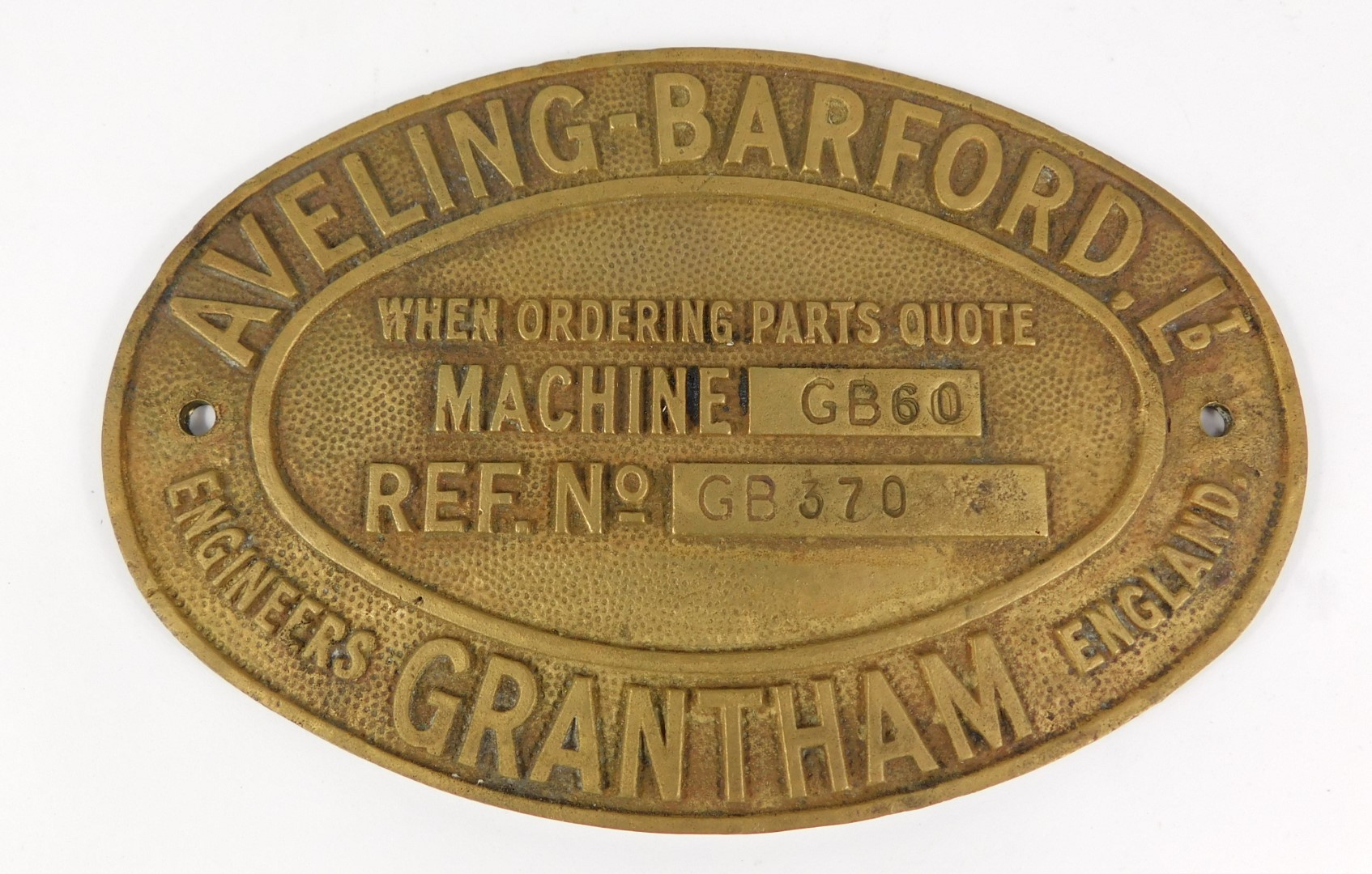 An Aveling Barford of Grantham machine parts brass plaque, stamped GB60 ...