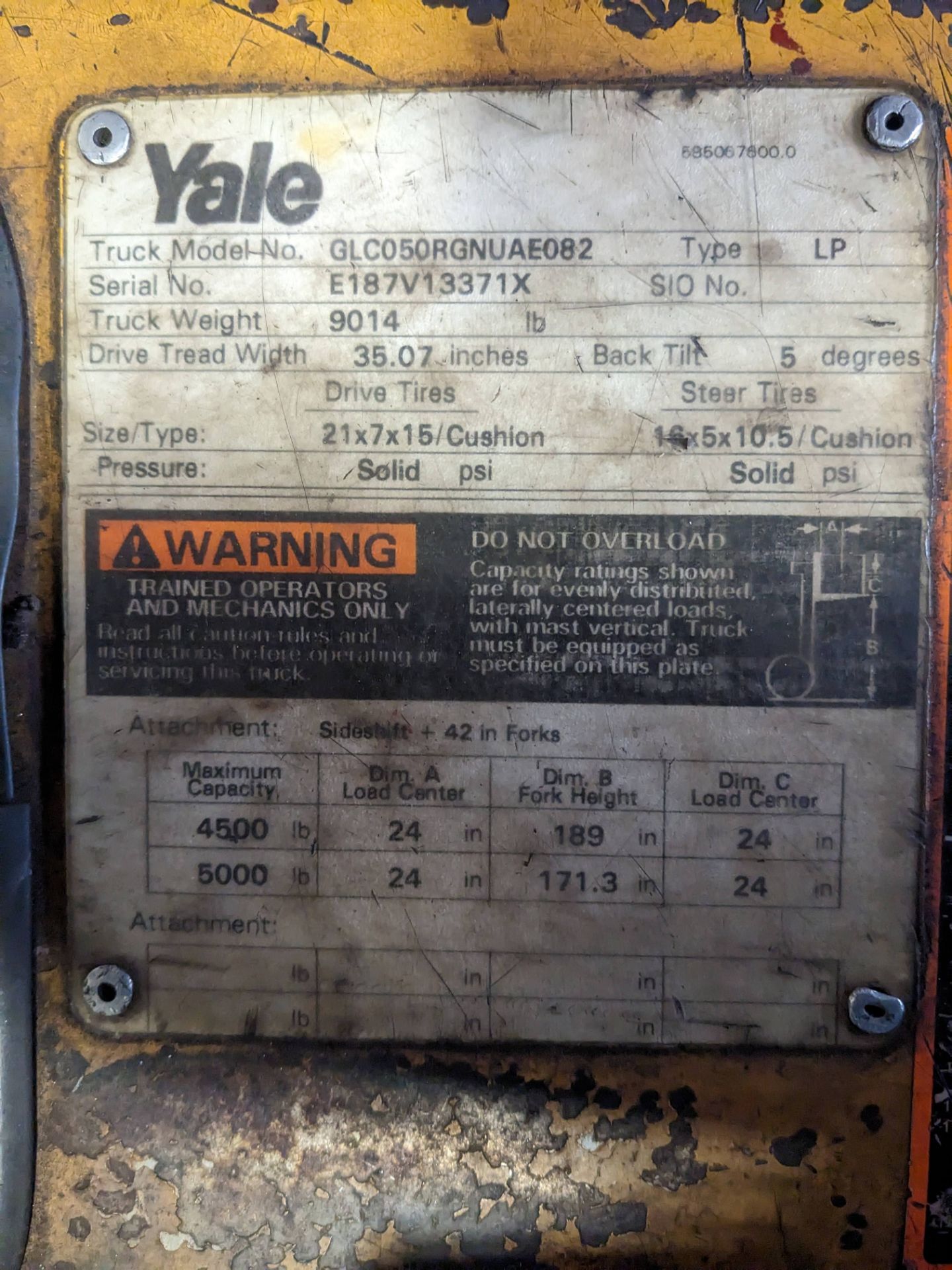 Yale GLC050RGNUAE082, 4,500 Lb. LPG Forklift Truck, S/N E187V13371X ...