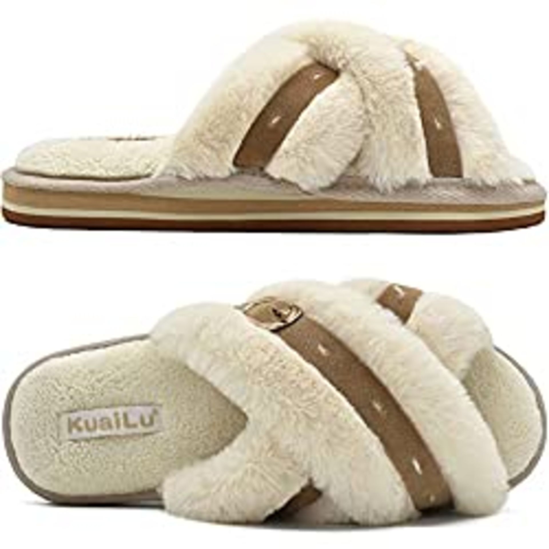 KuaiLu Slippers Women Size 5 Beige, Womens-Fluffy-Faux-Fur-House ...