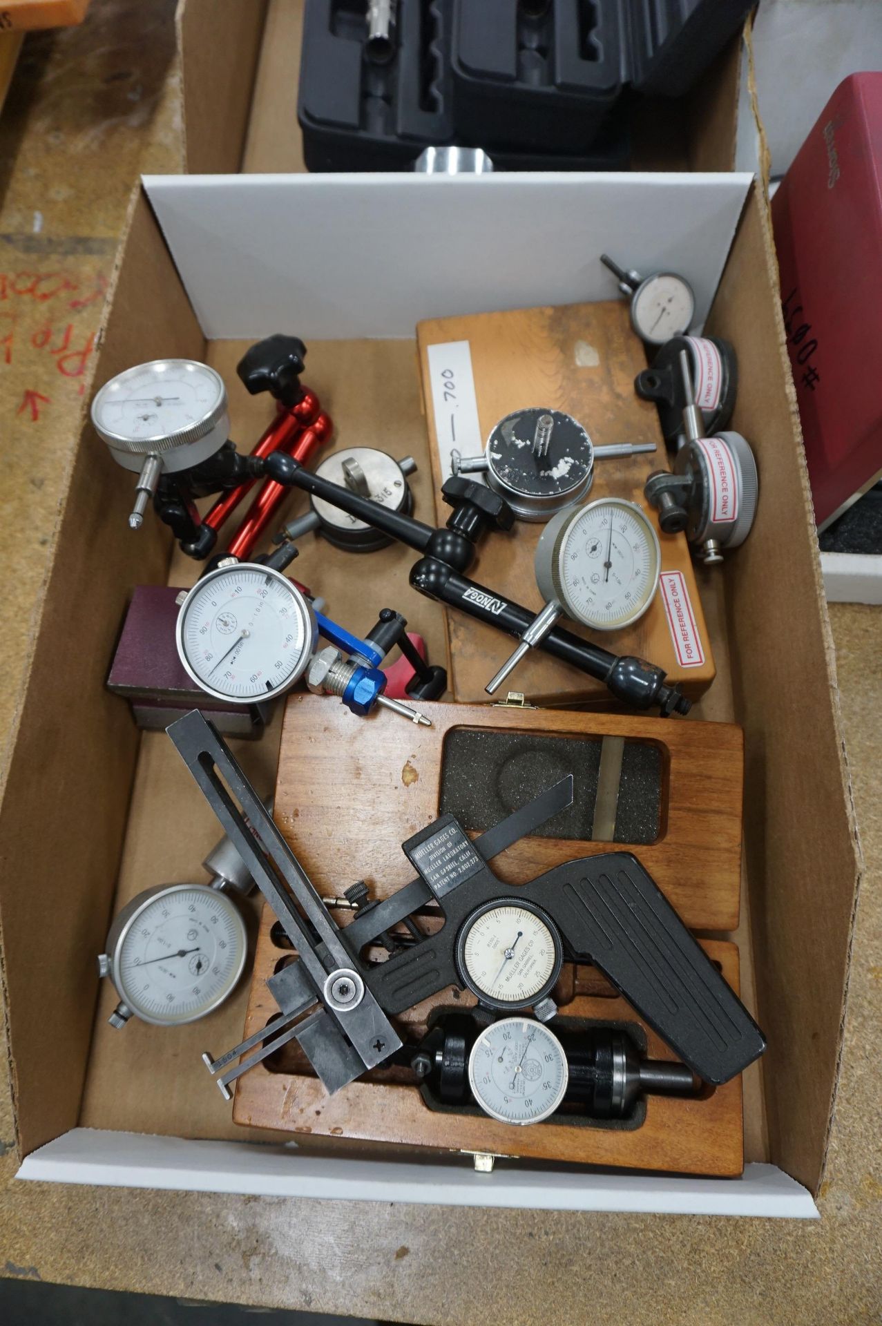 (3 BOXES) MISC. DIAL GAUGES, COAX INDICATOR, MUELLER GAUGE, CHAMFER ...