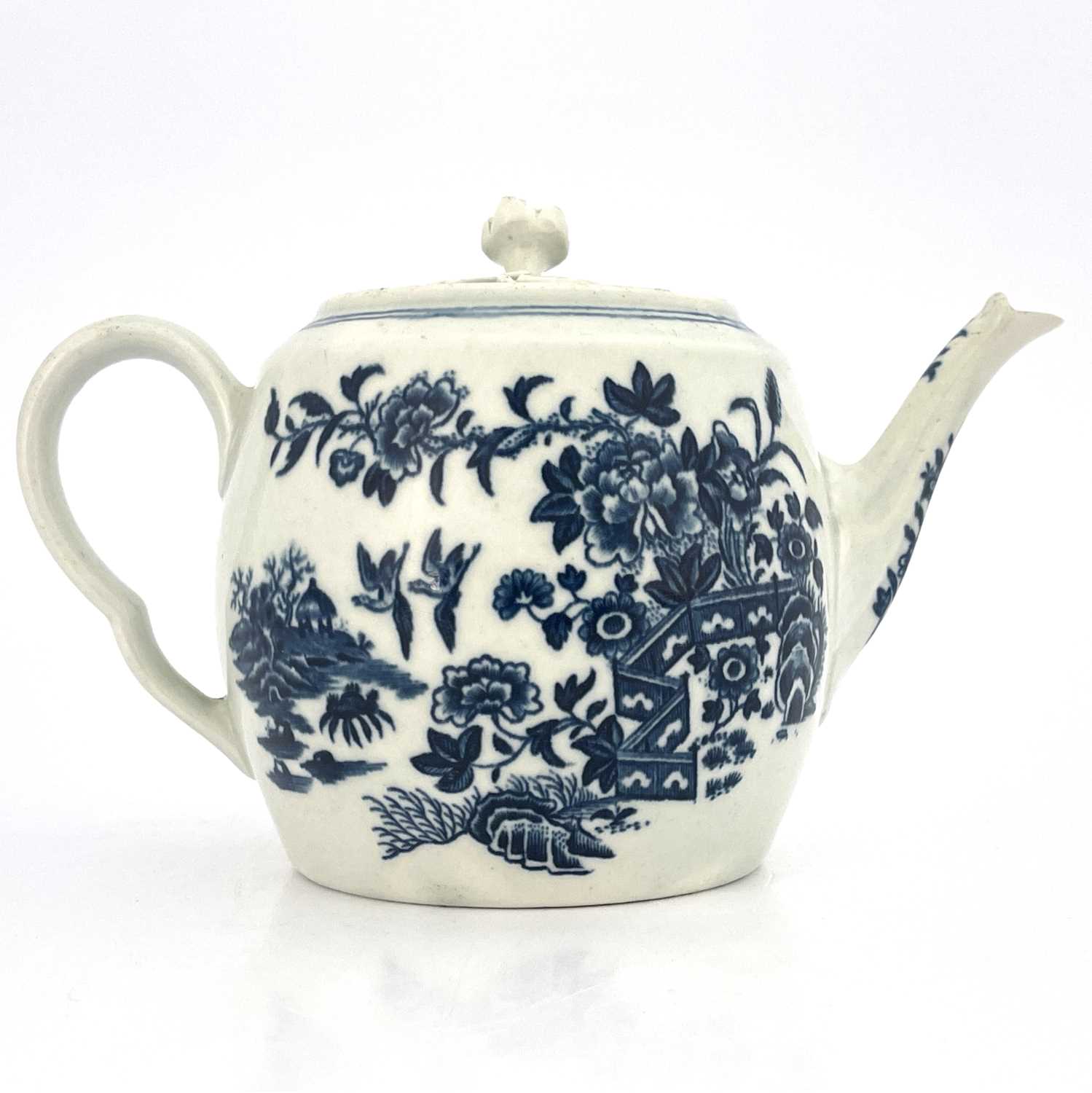 A Worcester blue and white teapot, crescent mark, circa 1770, transfer ...