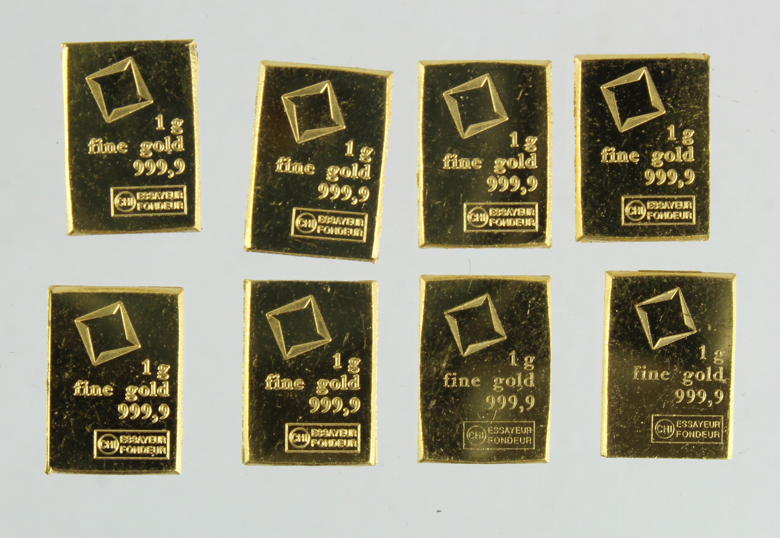 Fine gold (999.9) 1g gold bars (8) all stamped