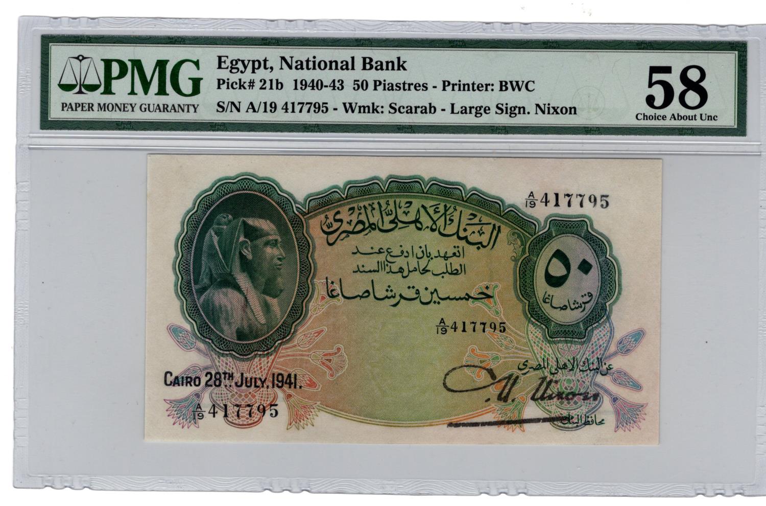 Egypt 50 Piastres dated 12th May 1943, signed Norman Nixon, serial A/19 ...