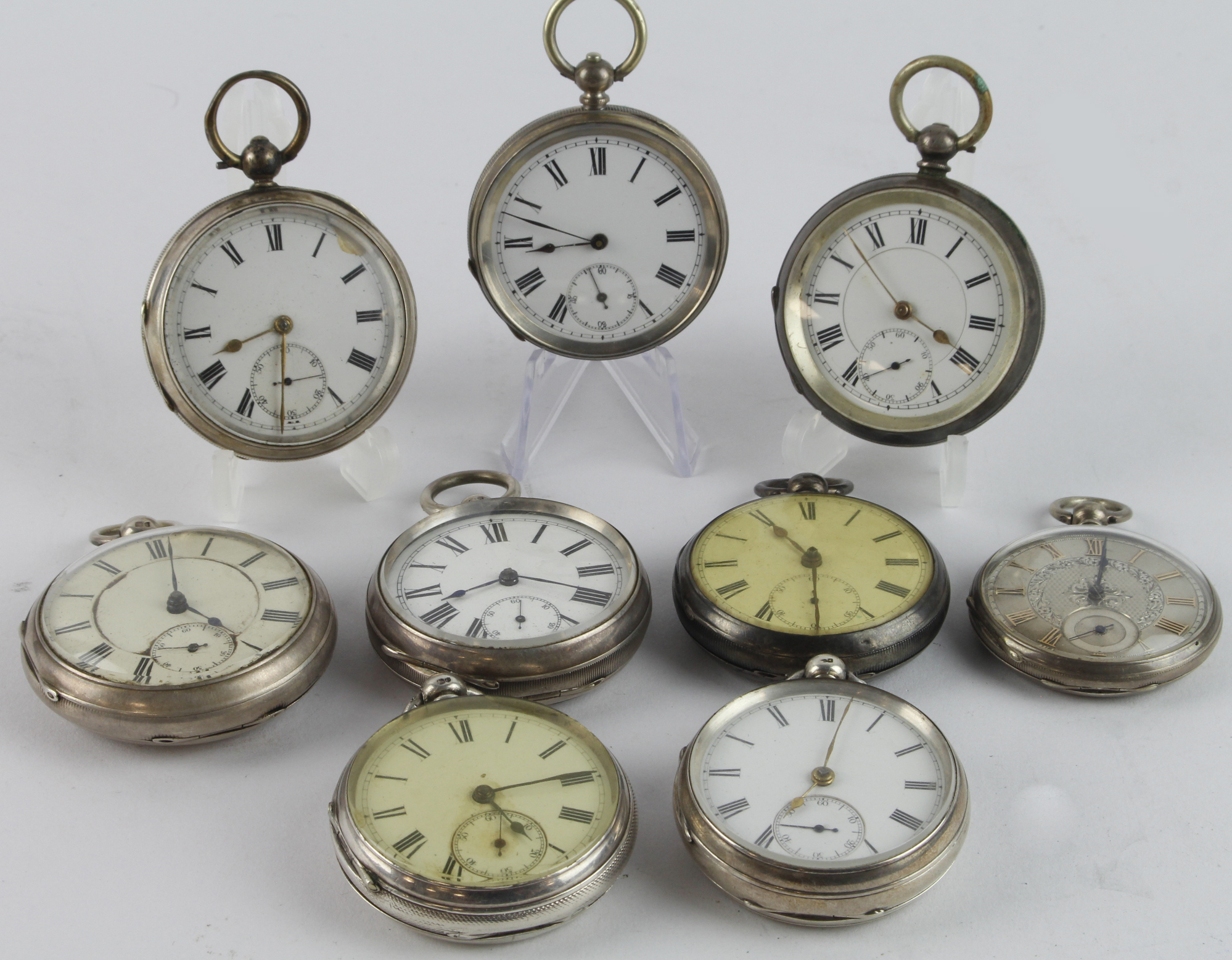Nine silver cased open face gents pocket watches. All key-wind with ...