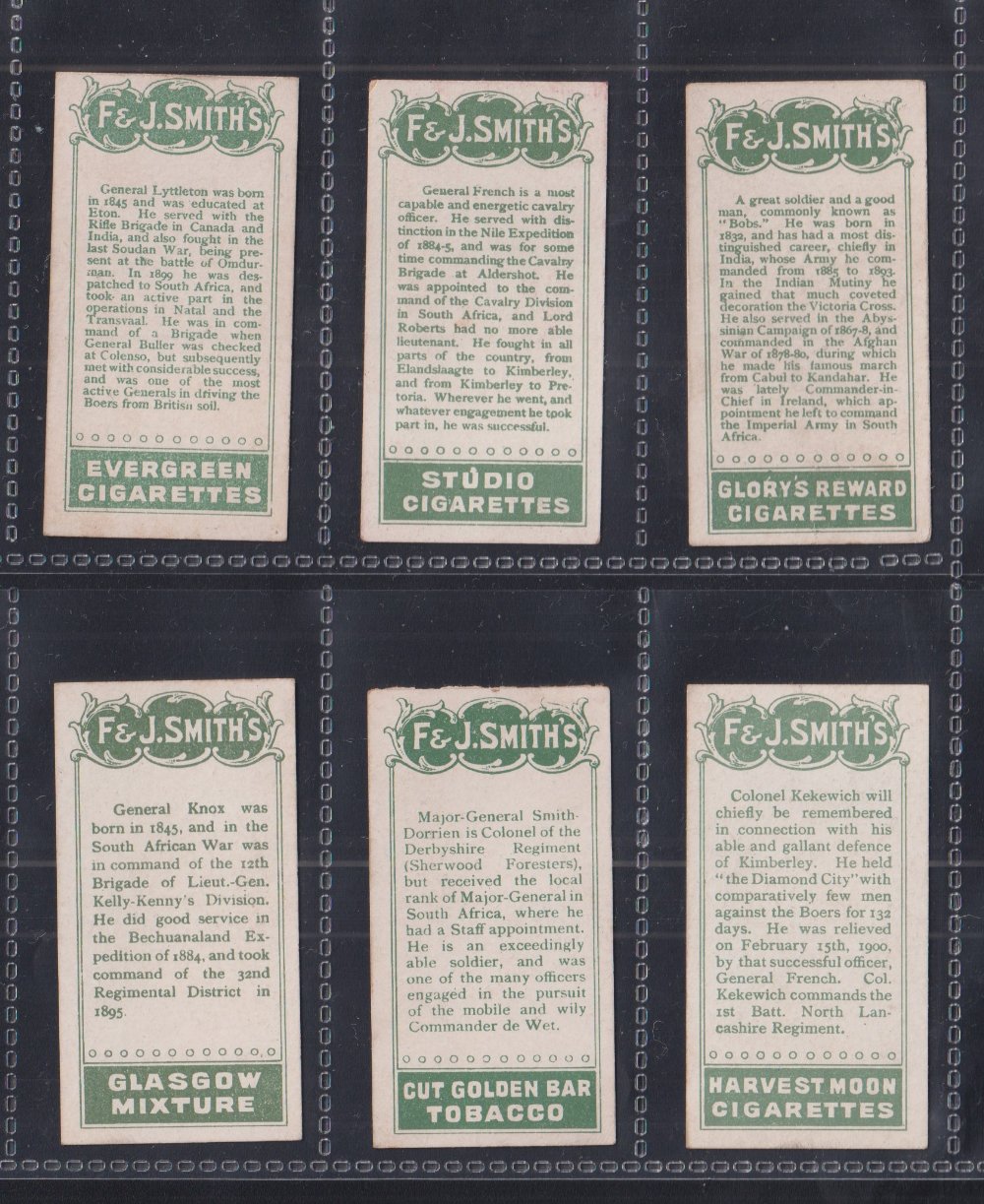 Cigarette cards, Smith's, Boer War Series (Coloured), 6 cards, nos 1, 5 ...