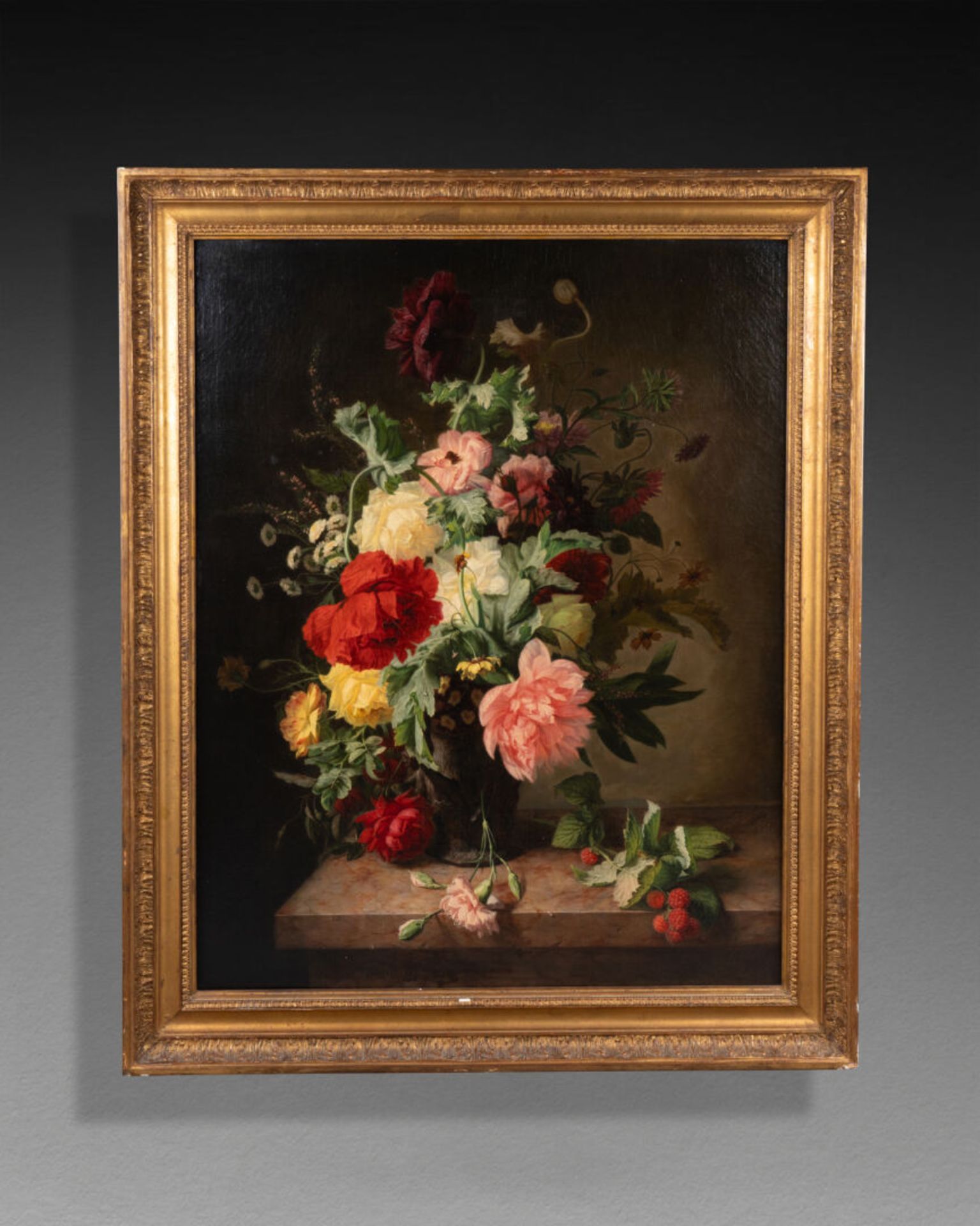 Simon SAINT-JEAN (1808-1860) Bouquet de pivoines et roses dans un vase ...