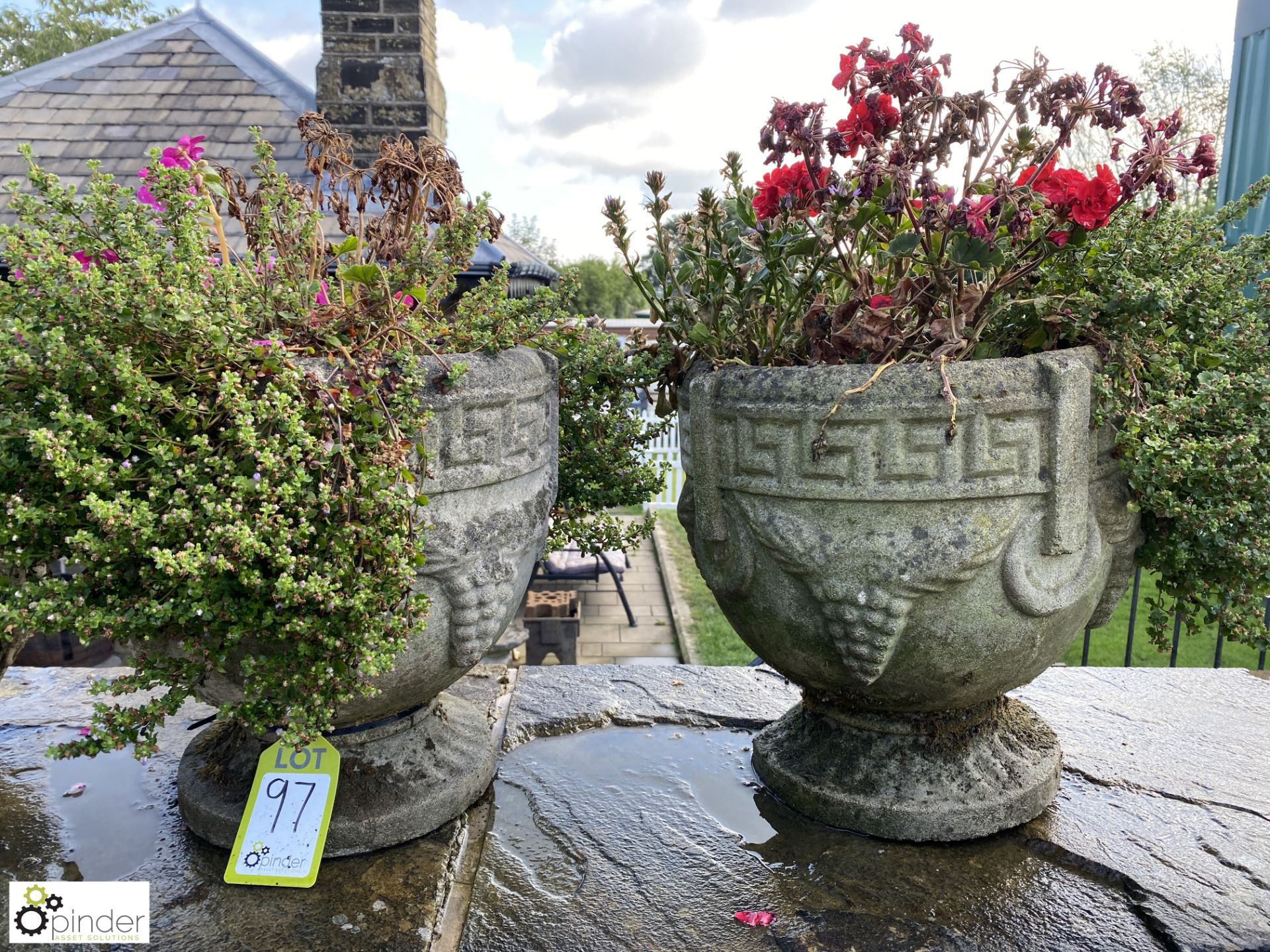 A pair of reconstituted stone garden Urns with Greek key and grape vine ...