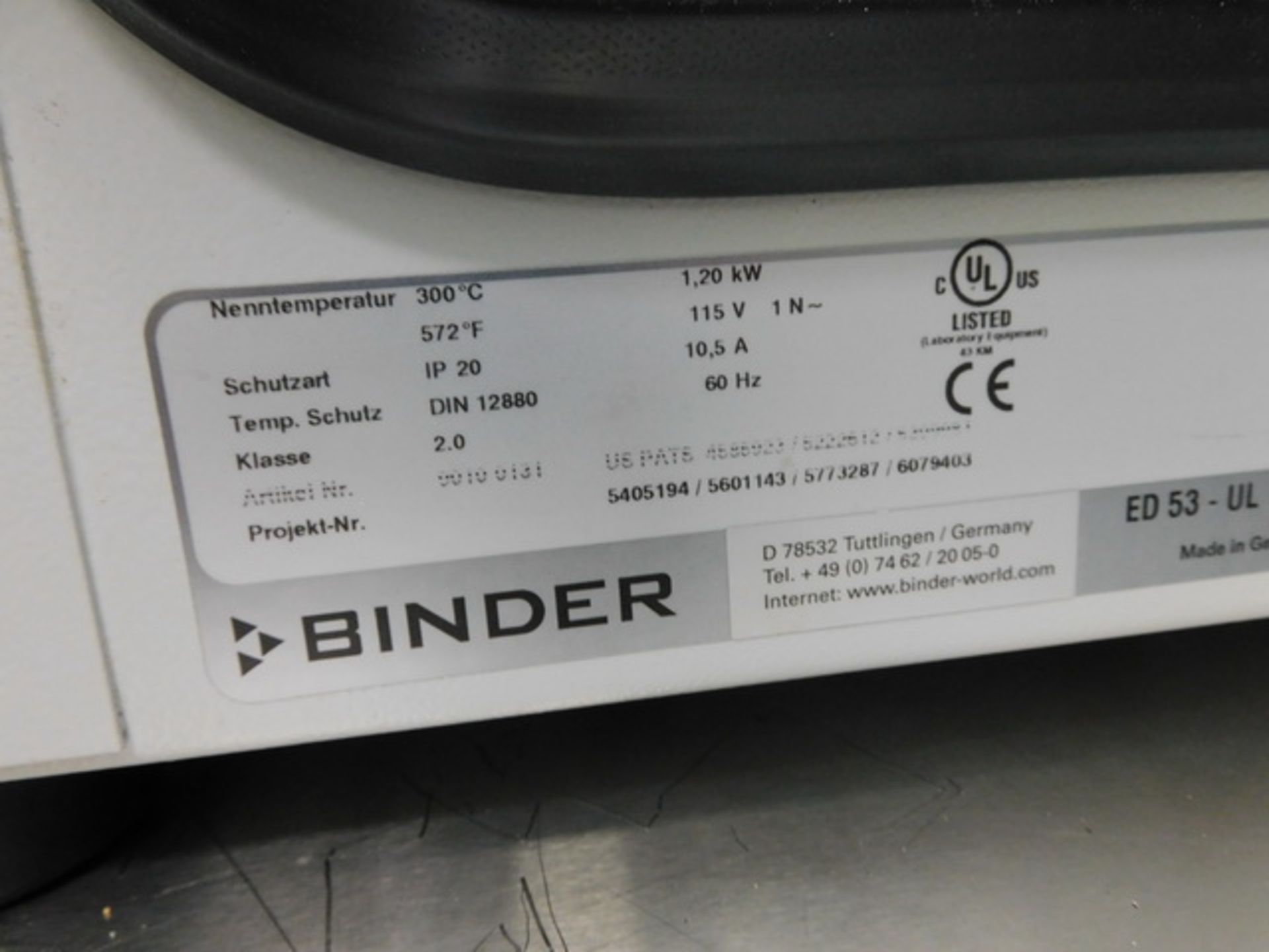 Binder Laboratory Oven, model ED 53-UL, 572 f max temp, 1.2 kw, 115 ...