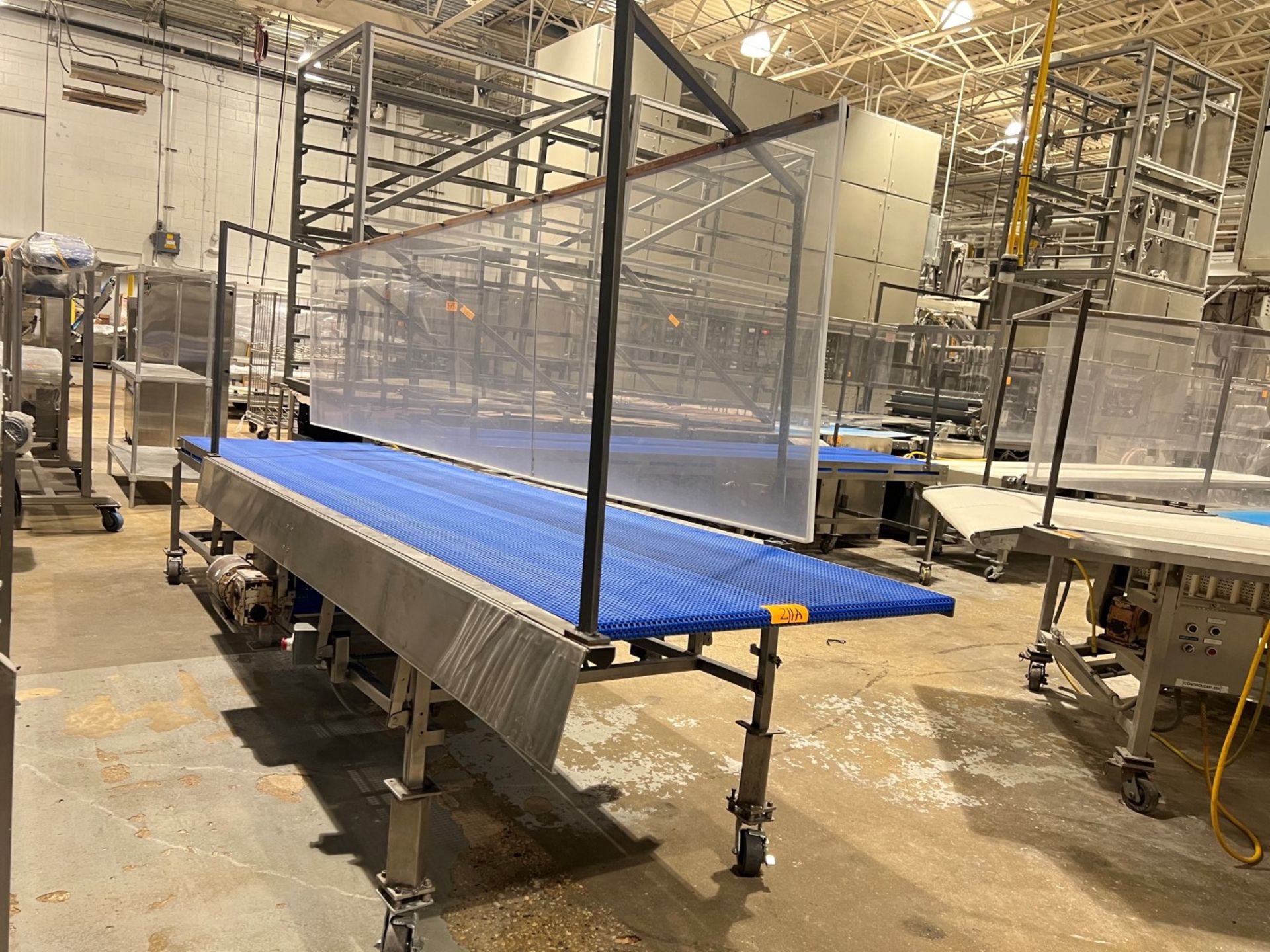 Stainless work/inspection conveyor, with blue intralox type modular ...