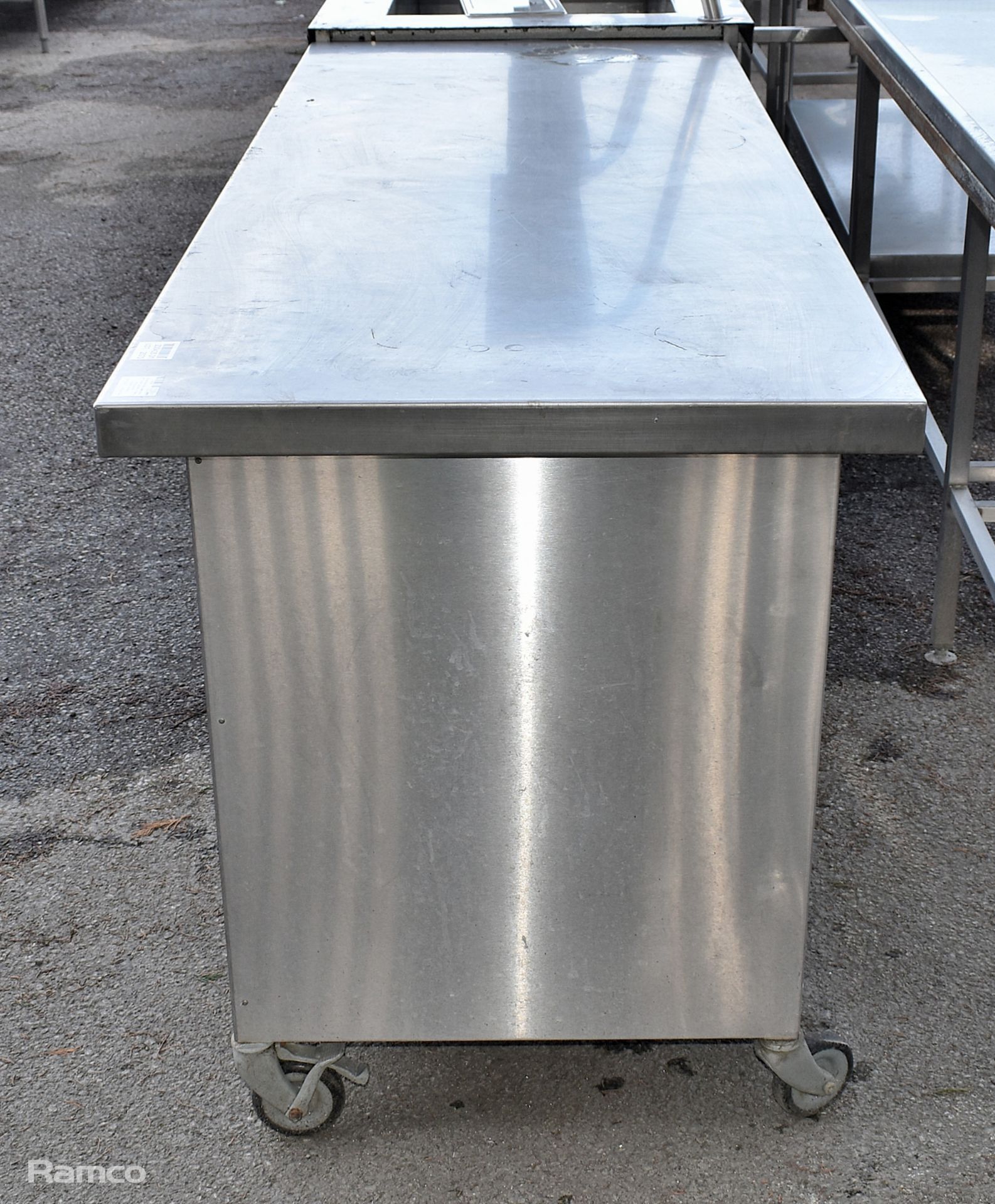 Mobile stainless steel table with 2 shelf cupboard on castors (missing ...