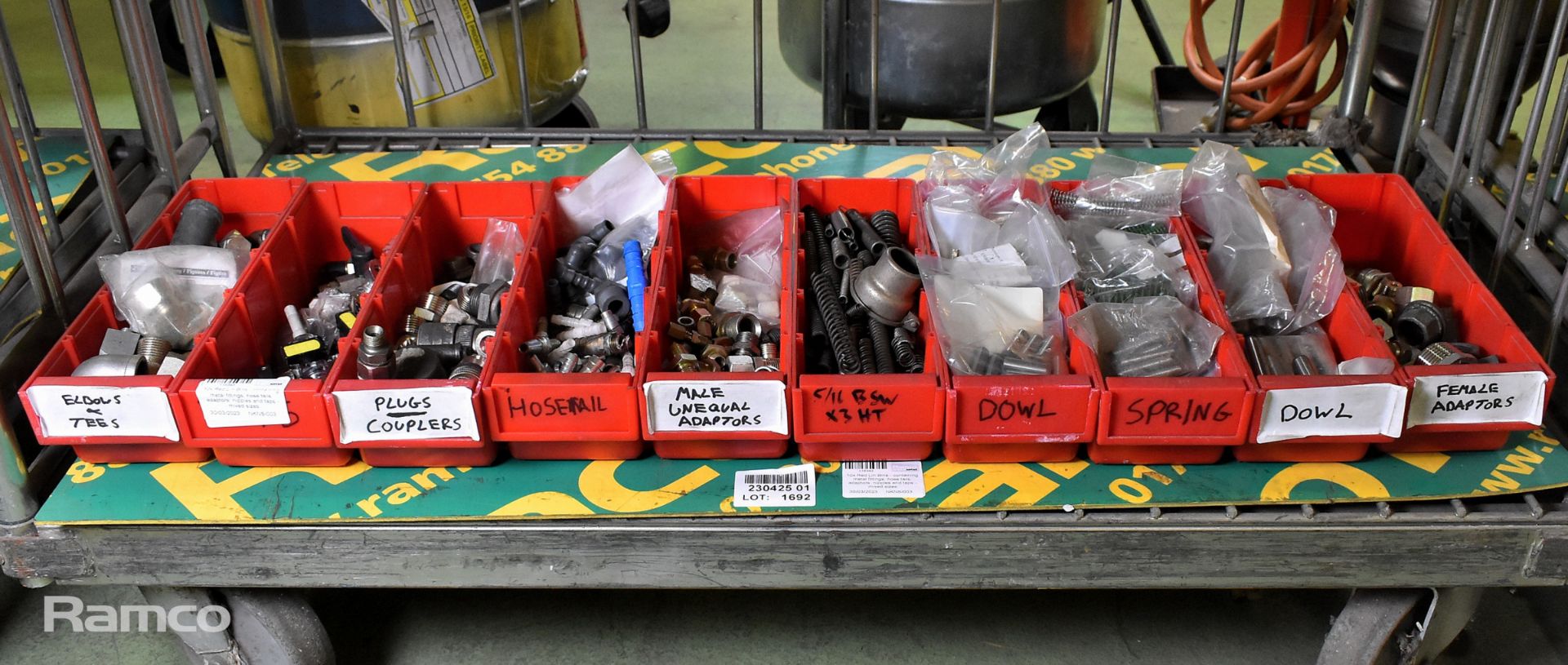 10x Red Lin Bins - containing metal fittings, hose tails, adaptors ...