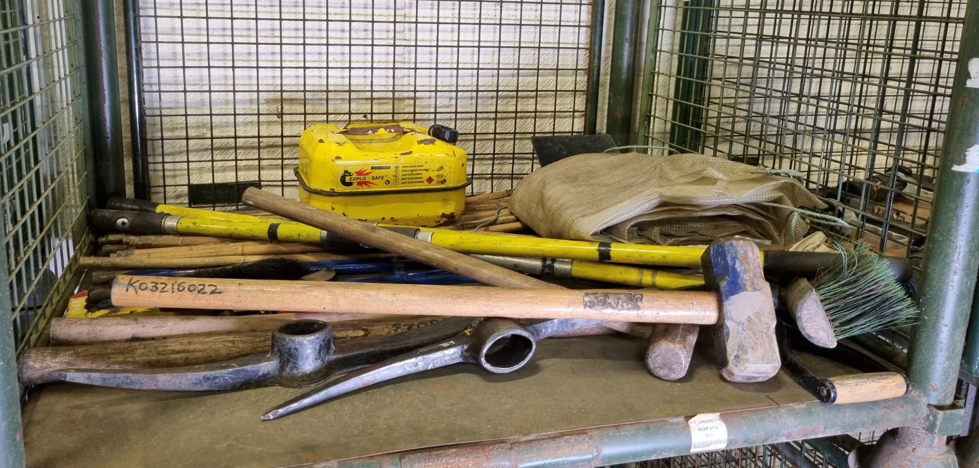 Hand tools - sledge hammer, pick axe, axe, wooden handles, brush ...