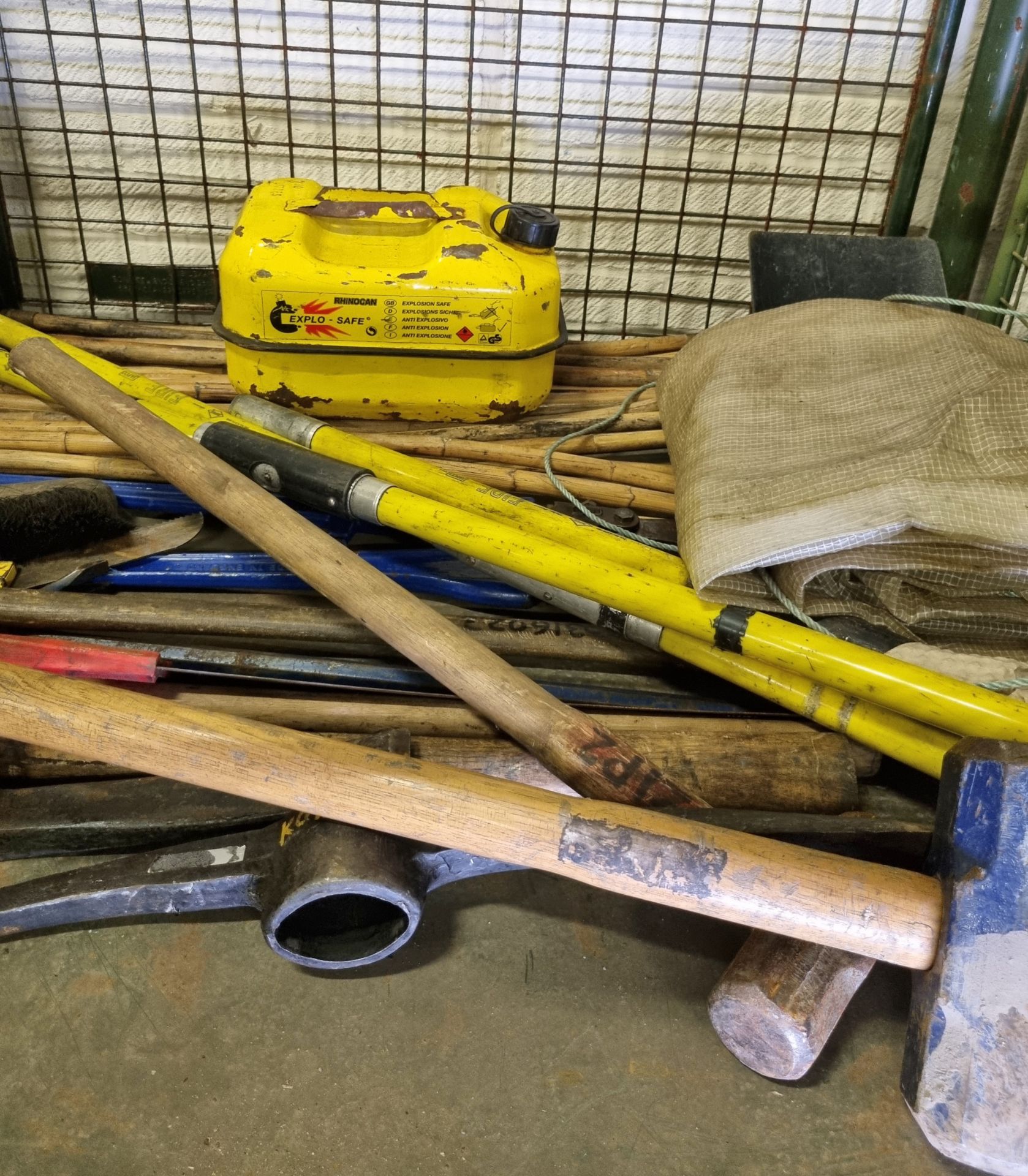 Hand tools - sledge hammer, pick axe, axe, wooden handles, brush ...
