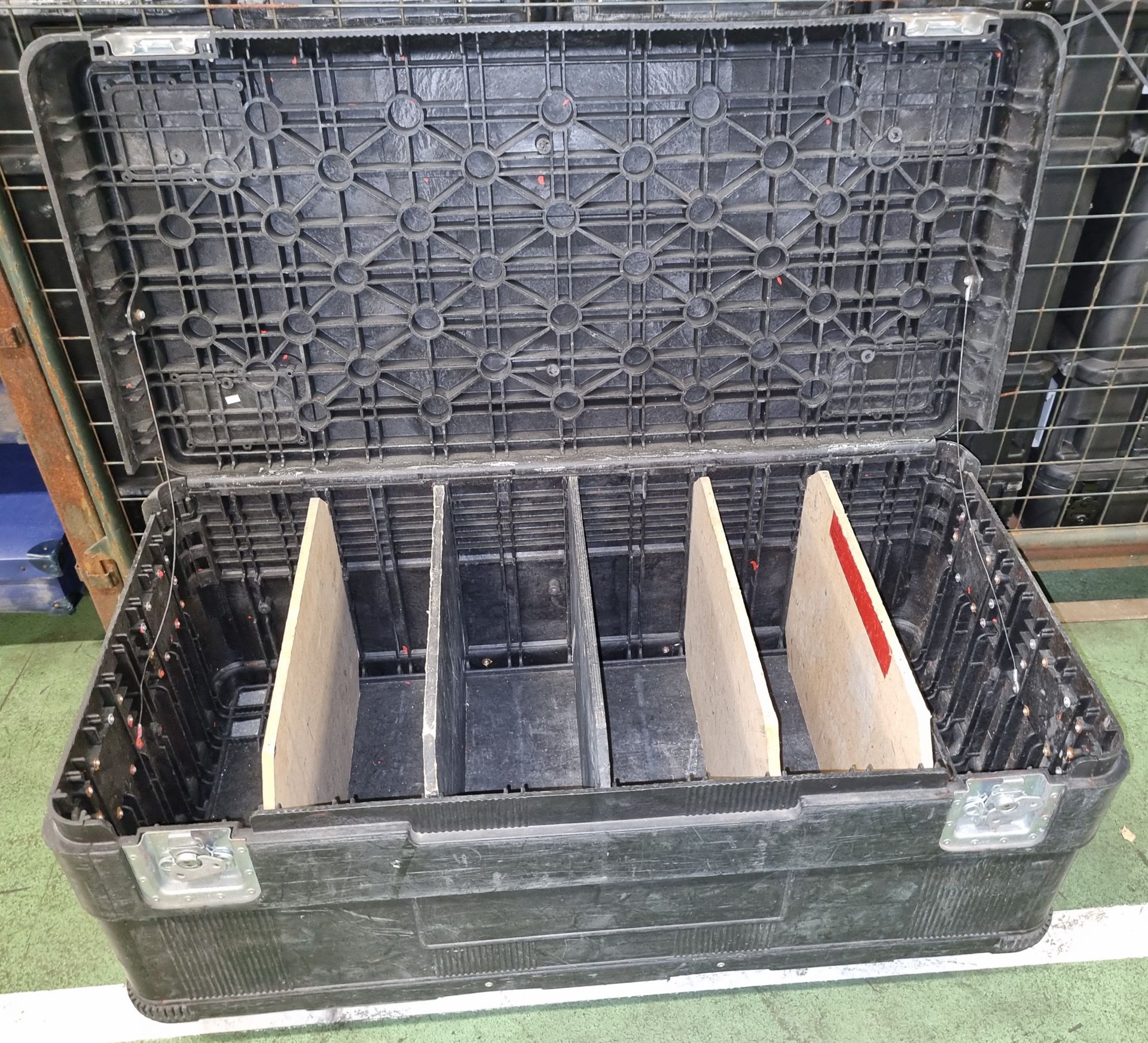 Black flight case with hinged lid and wooden dividers - L 1220 x W 610 ...