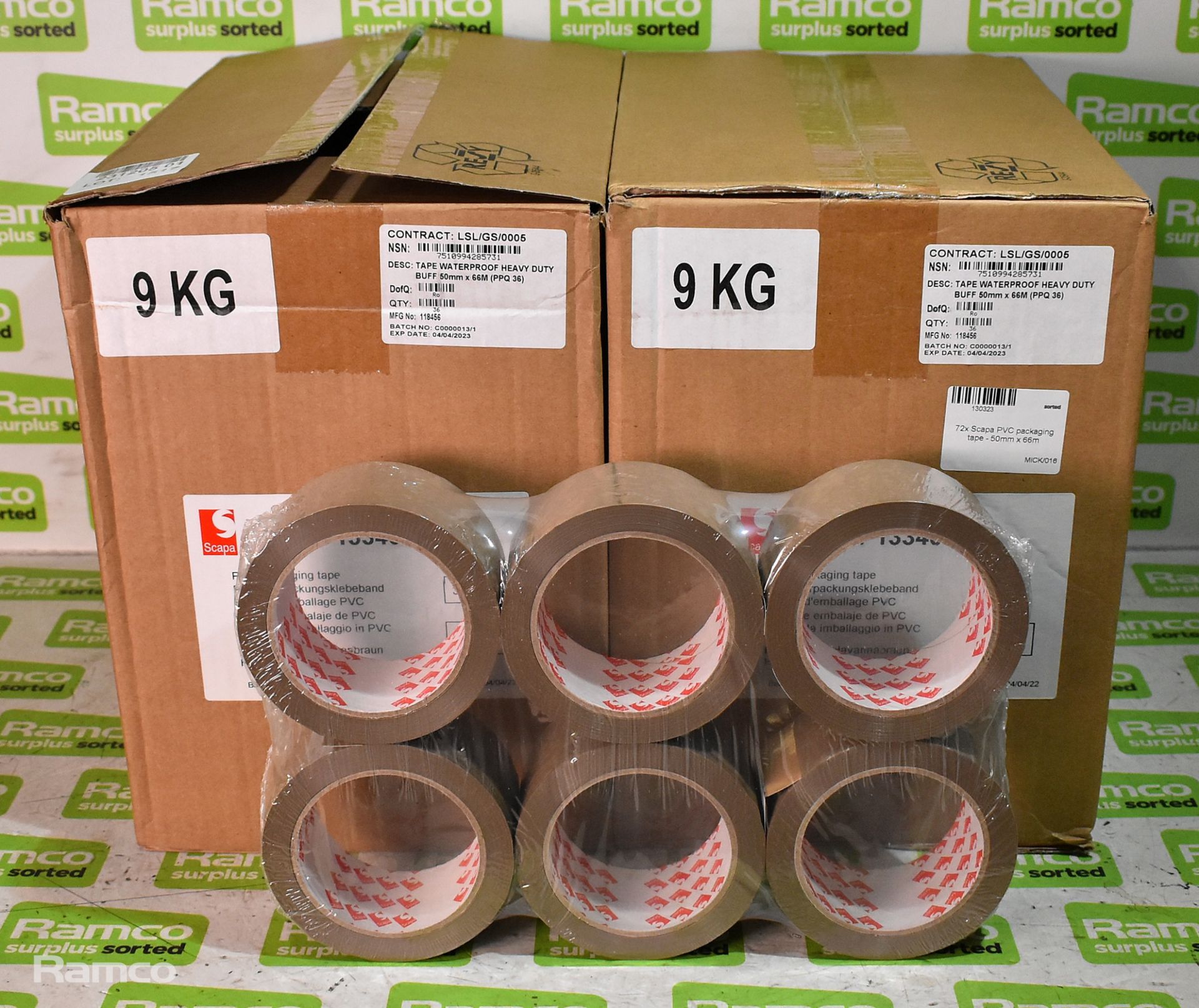 2x boxes of Scapa PVC packaging tape - 50mm x 66m - 36 rolls per box