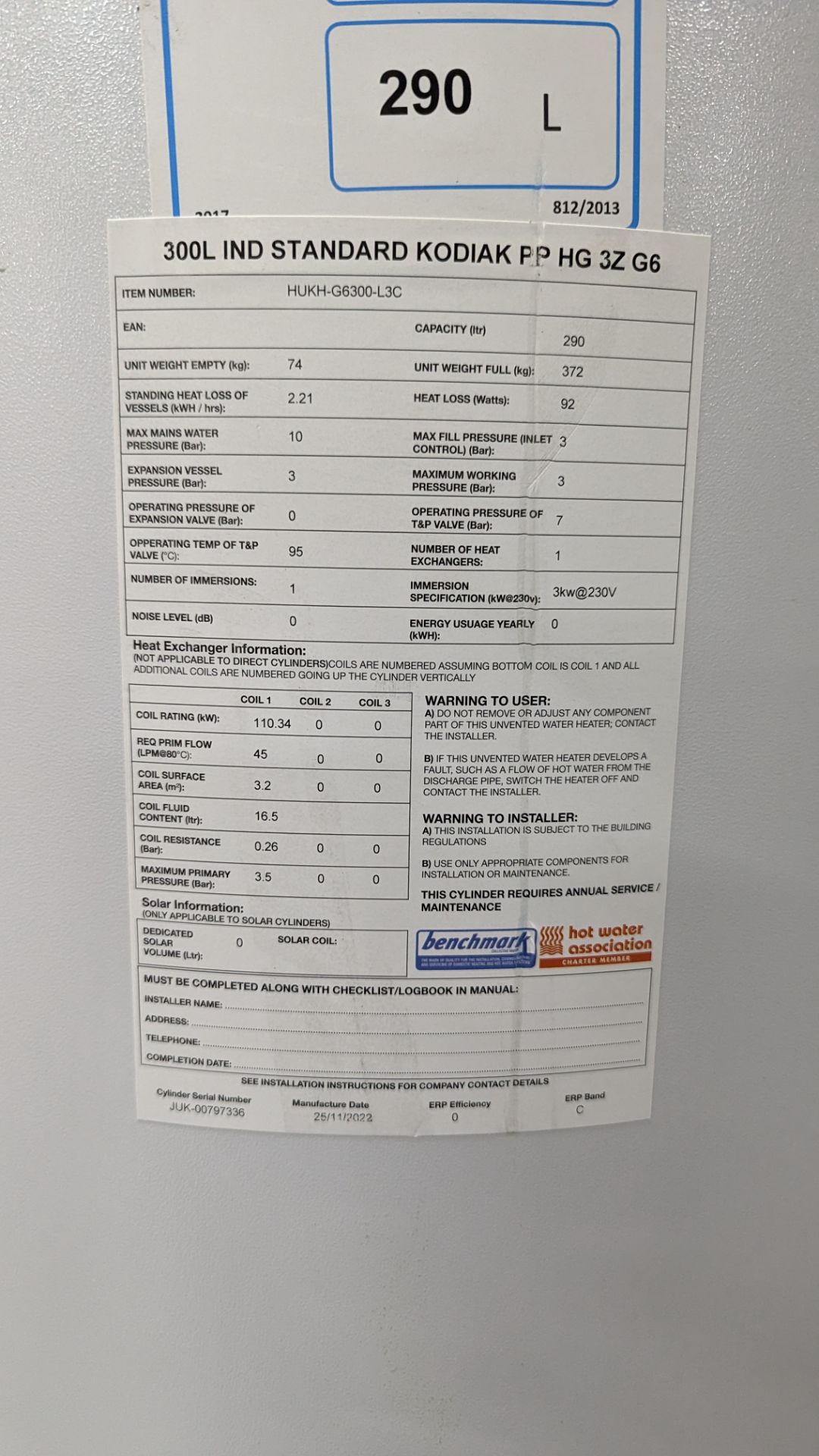 Kodiak by Joule 300L pre-plumbed indirect cylinder model HUKH-G6300-L3C ...