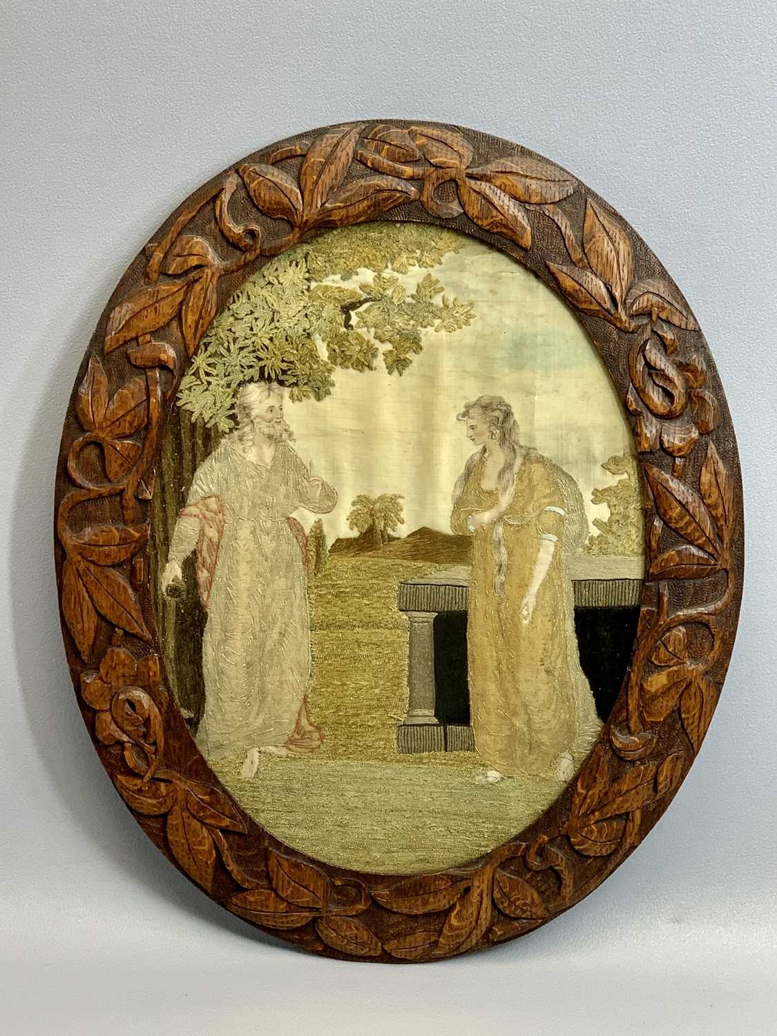 ANTIQUE OVAL SILKWORK PICTURE - Y Bedd Gwag (The Empty Tomb), within an ...