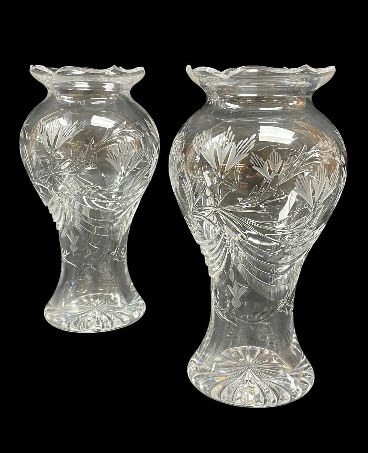 PAIR GOOD CUT GLASS VASES, baluster form, decorated with flowers ...