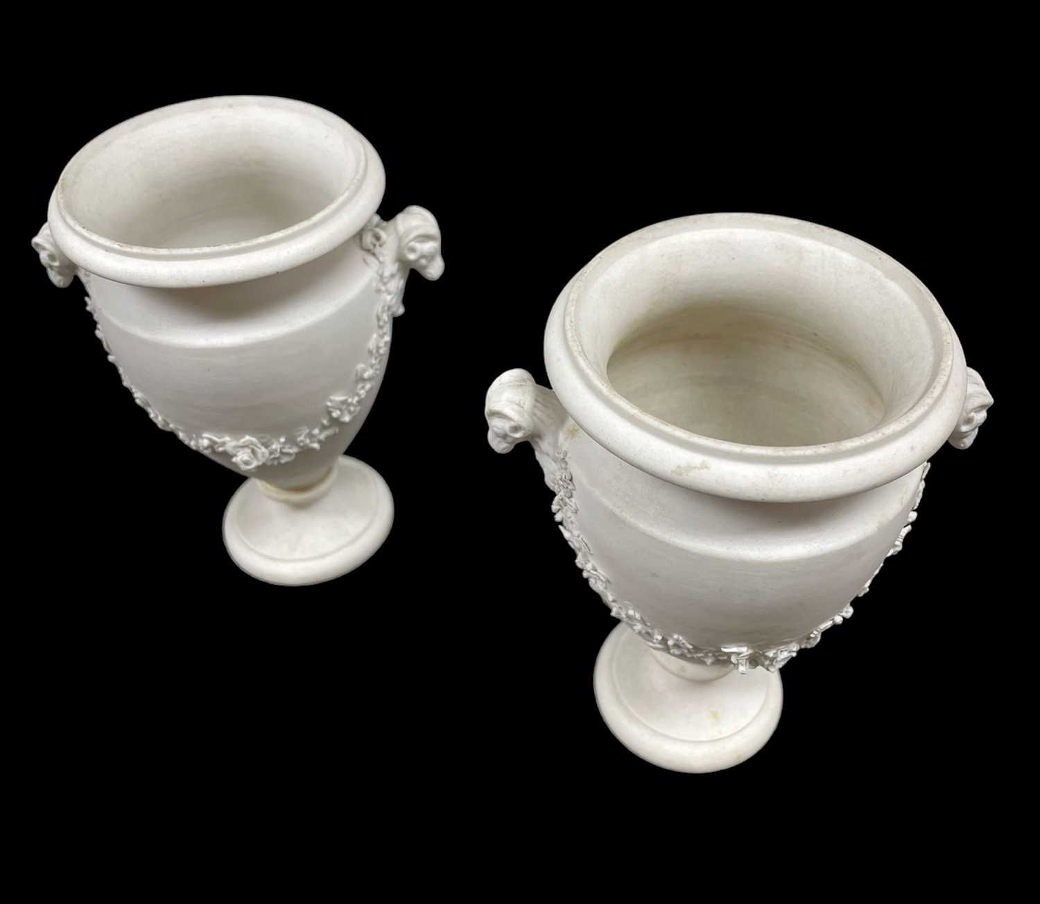 PAIR OF SWANSEA BISCUIT PORCELAIN VASES circa 1817-1820, urn form ...