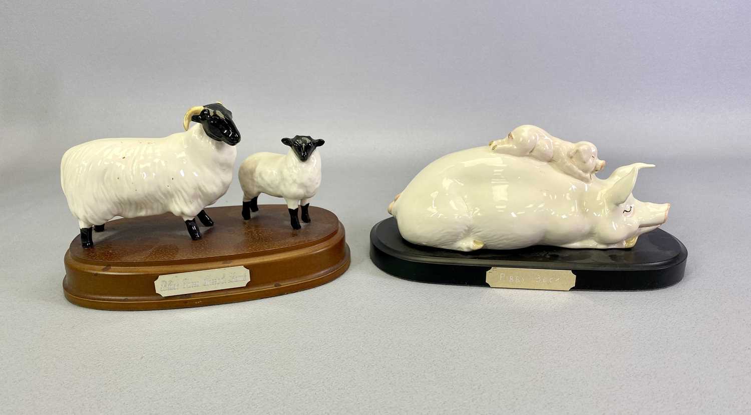 BESWICK GROUP - black faced sheep and lamb on oval plinth, 11.5cms H ...