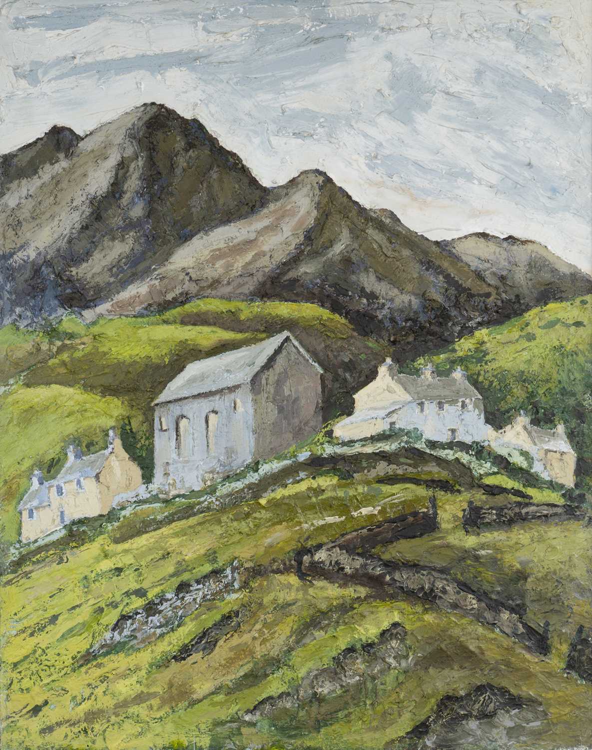 WYNNE JENKINS oil on board - mountain landscape with village and chapel ...