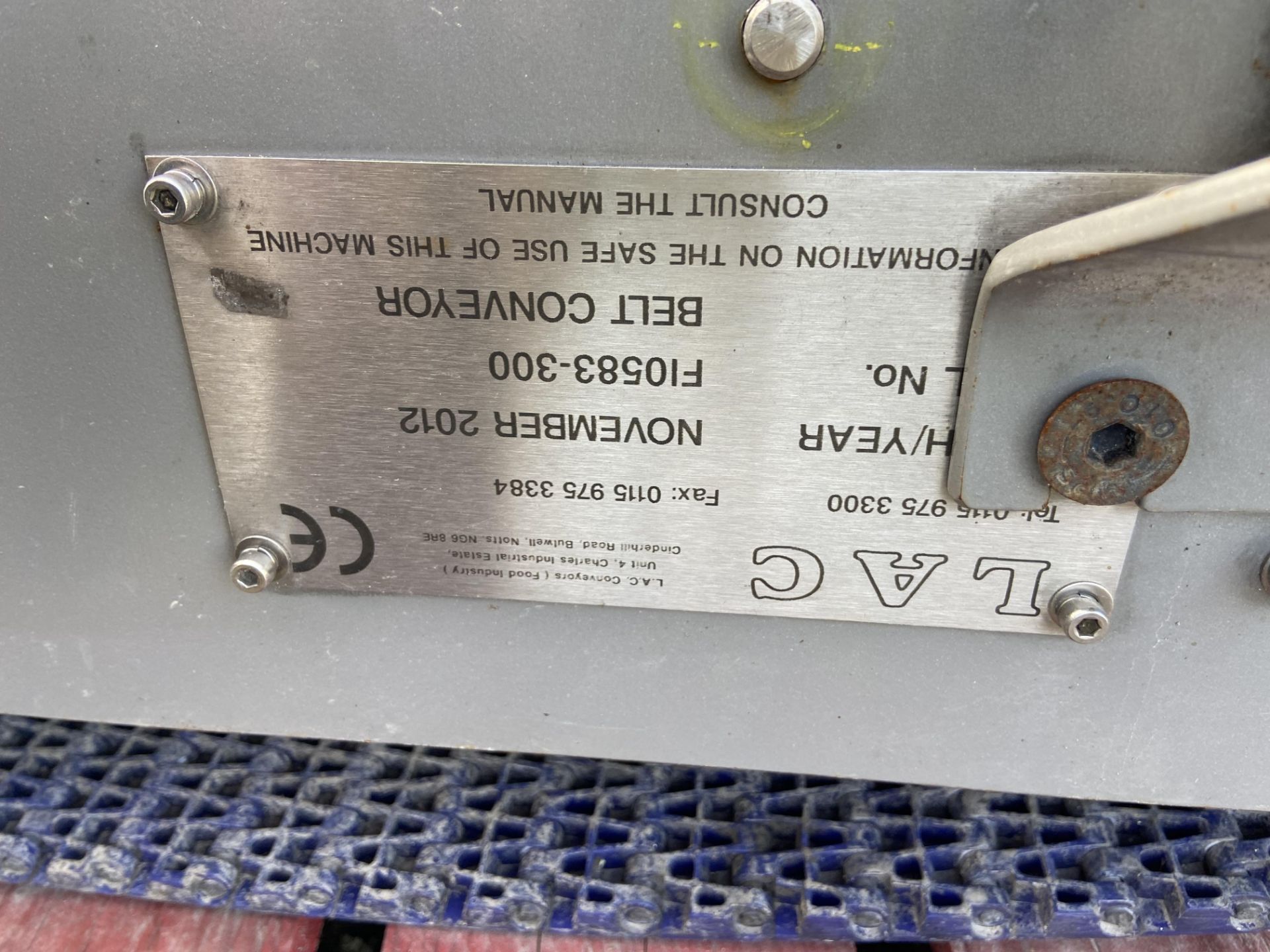 LAC Plastic Slat Belt Conveyor, serial no. F10583-300, 500mm wide x ...