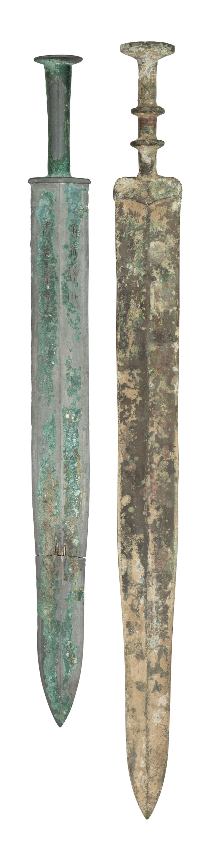 TWO CHINESE BRONZE SWORDS (JIAN), PROBABLY ZHOU DYNASTY OR EARLY ...