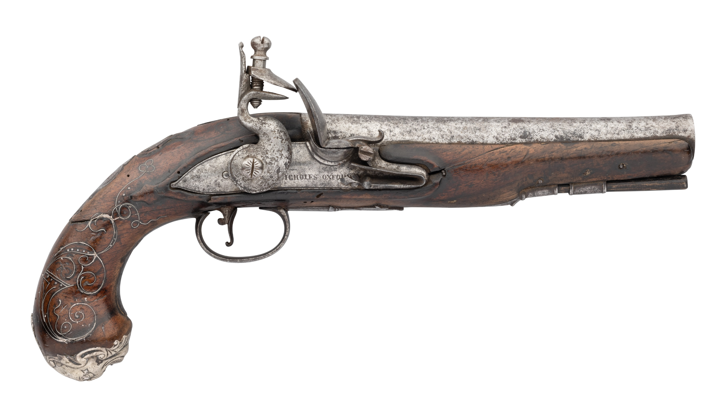 A SILVER-MOUNTED FLINTLOCK PISTOL SIGNED NICHOLES, OXFORD, BIRMINGHAM ...