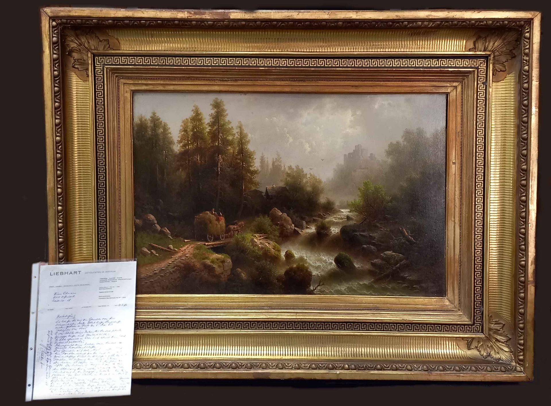 Albert RIEGER (1834 - 1905). Gebirgsbach mit Heufuhrwerk.50 cm x 73 cm ...