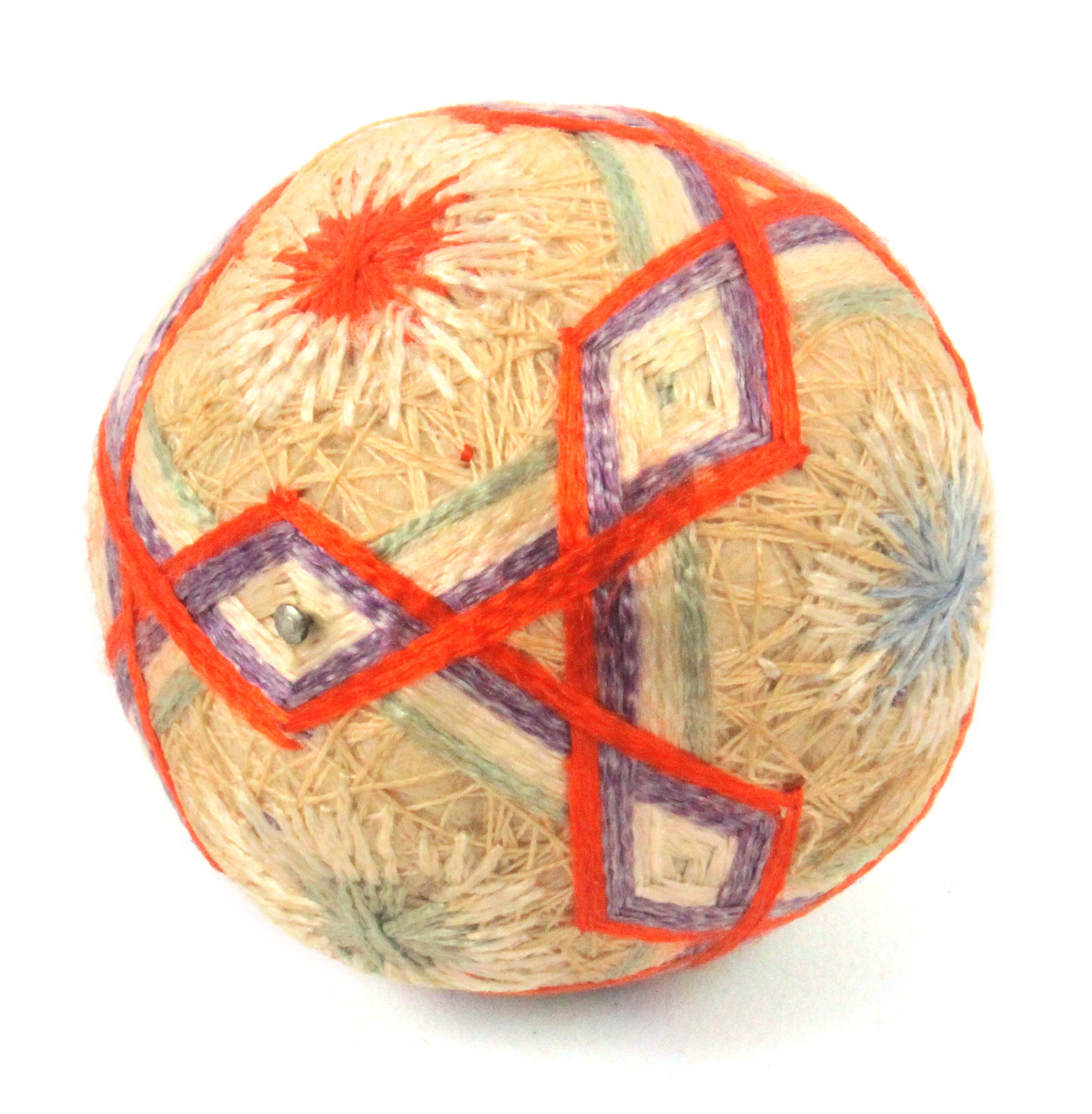 A fine 18th Century silk pin ball, of geometric design in red, blue ...