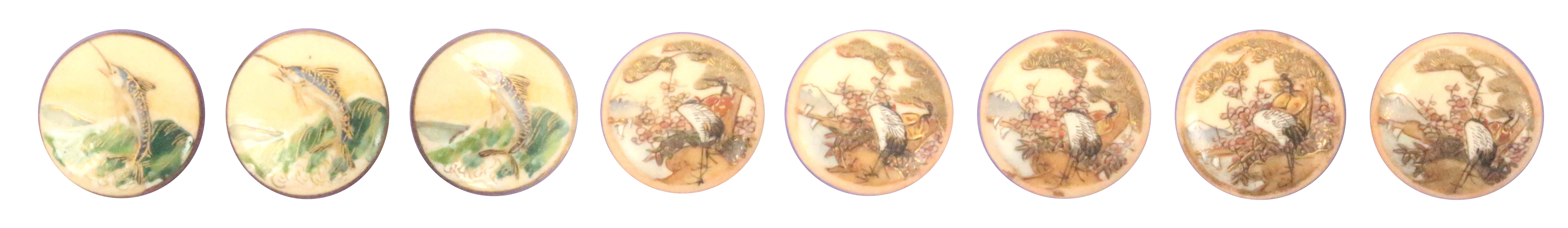 Eight Japanese ceramic Satsuma buttons, comprising a set of five ...