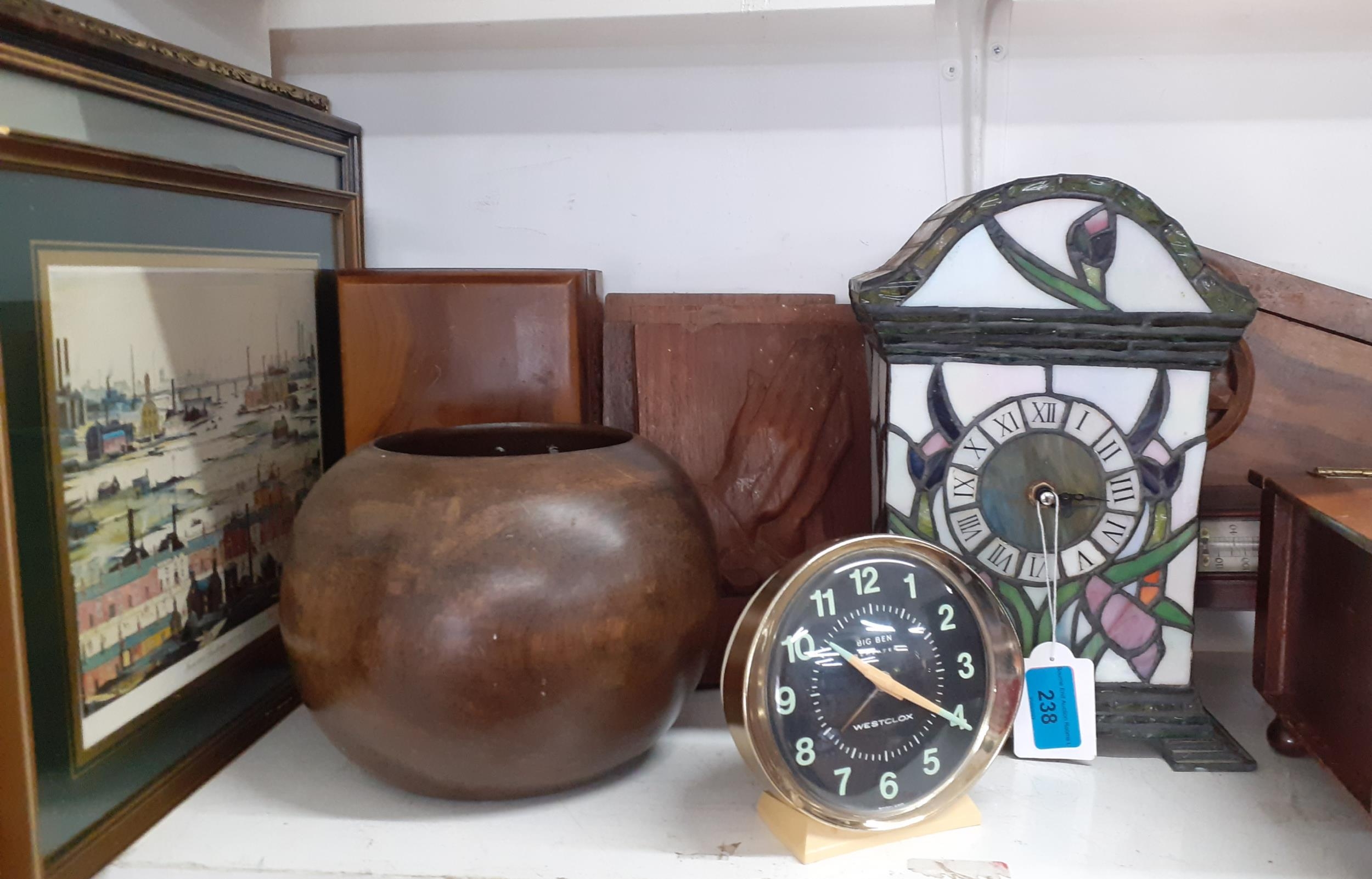A group of late 20th century mantle clocks A/F, a Ken Broadbent collage ...